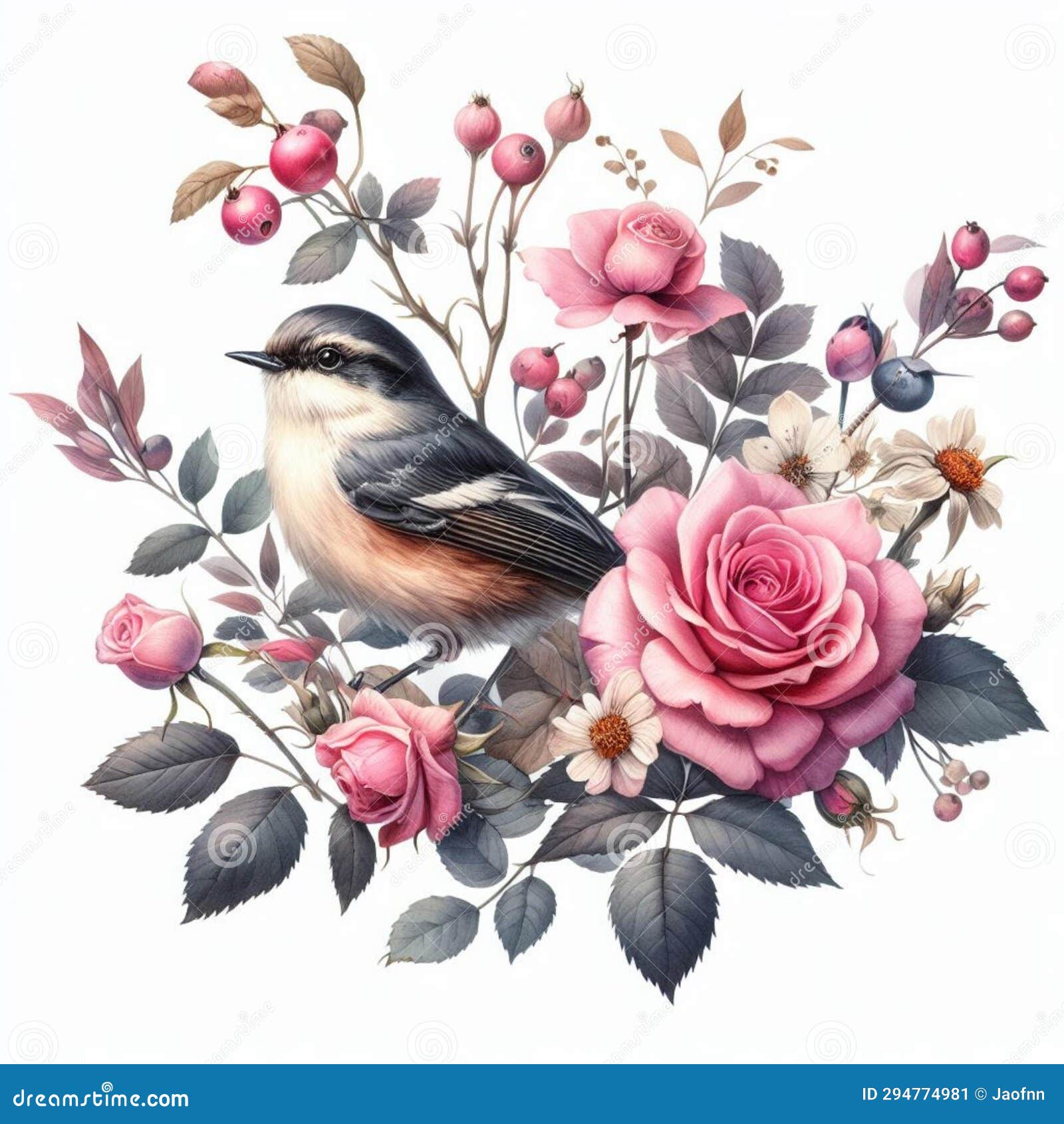 Watercolor Floral Composition with Bird and Roses. Stock Illustration ...