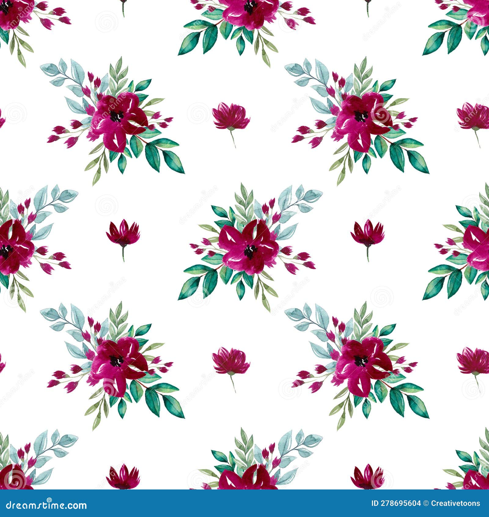 Watercolor Burgundy Floral Pattern. Wedding Concept with Flowers ...