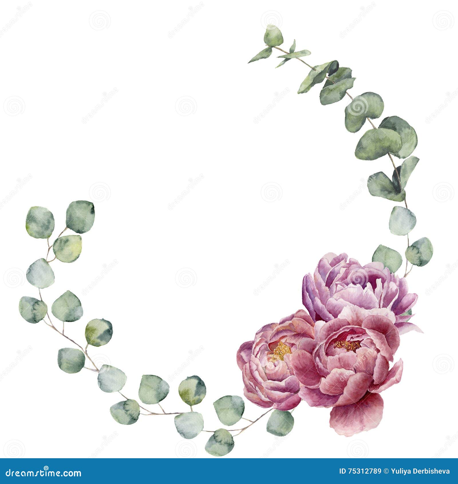 Watercolor Floral Wreath With Eucalyptus Leaves And Peony Flowers. Hand ... Watercolor Floral Wreath With Eucalyptus Leaves And Peony Flowers. Hand ...