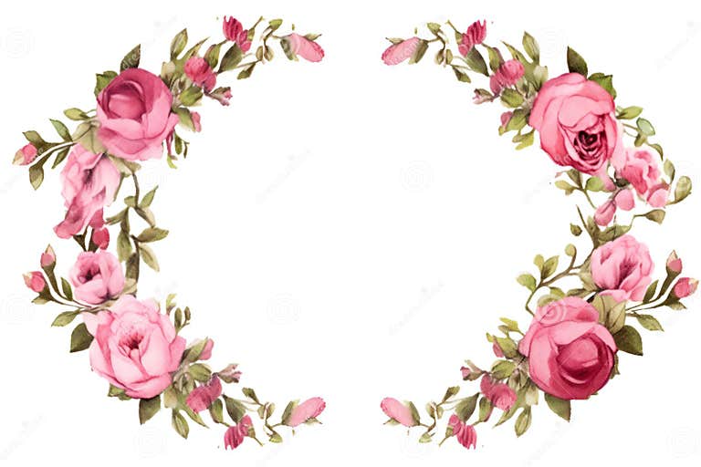 Watercolor Floral Wreath With Pink Roses Isolated On White Background