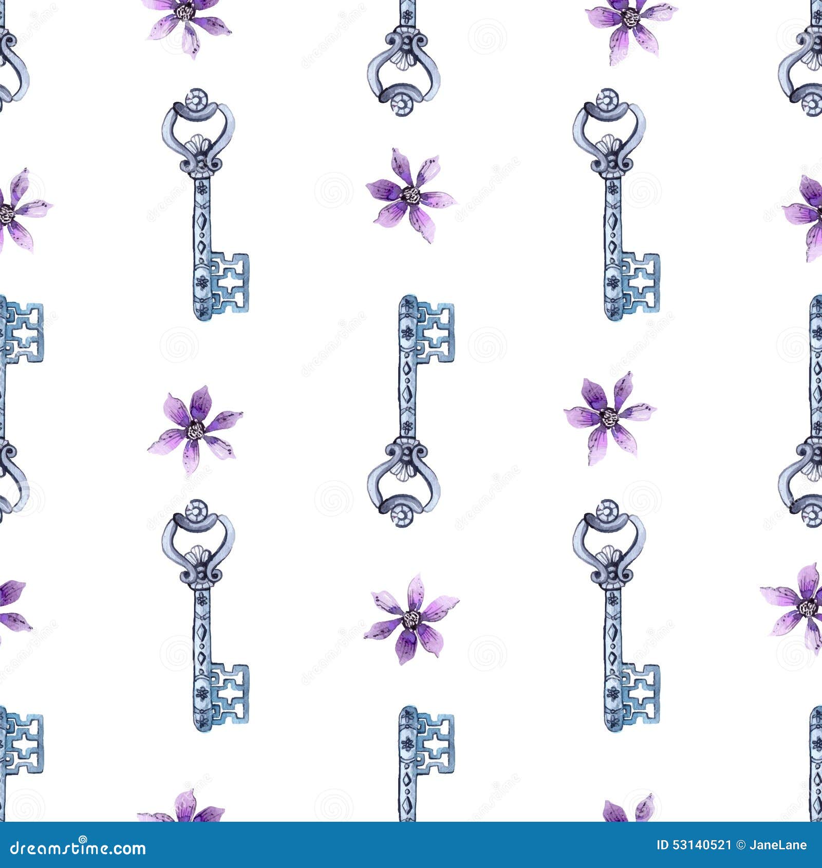 Watercolor Flower and Key Pattern Stock Vector - Illustration of violet ...