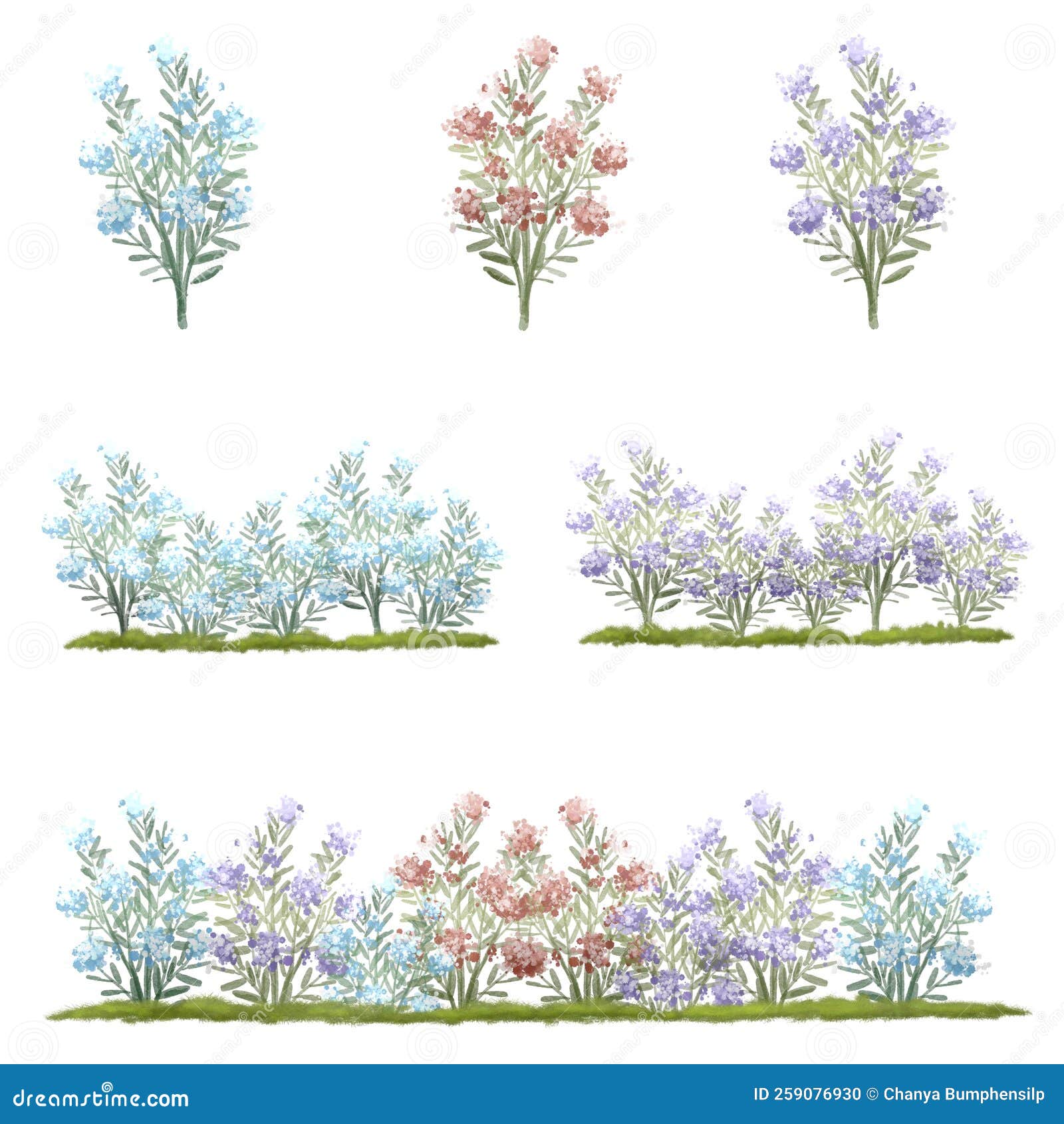 Watercolor Flower Tree Side View for Landscape Stock Photo - Image of ...