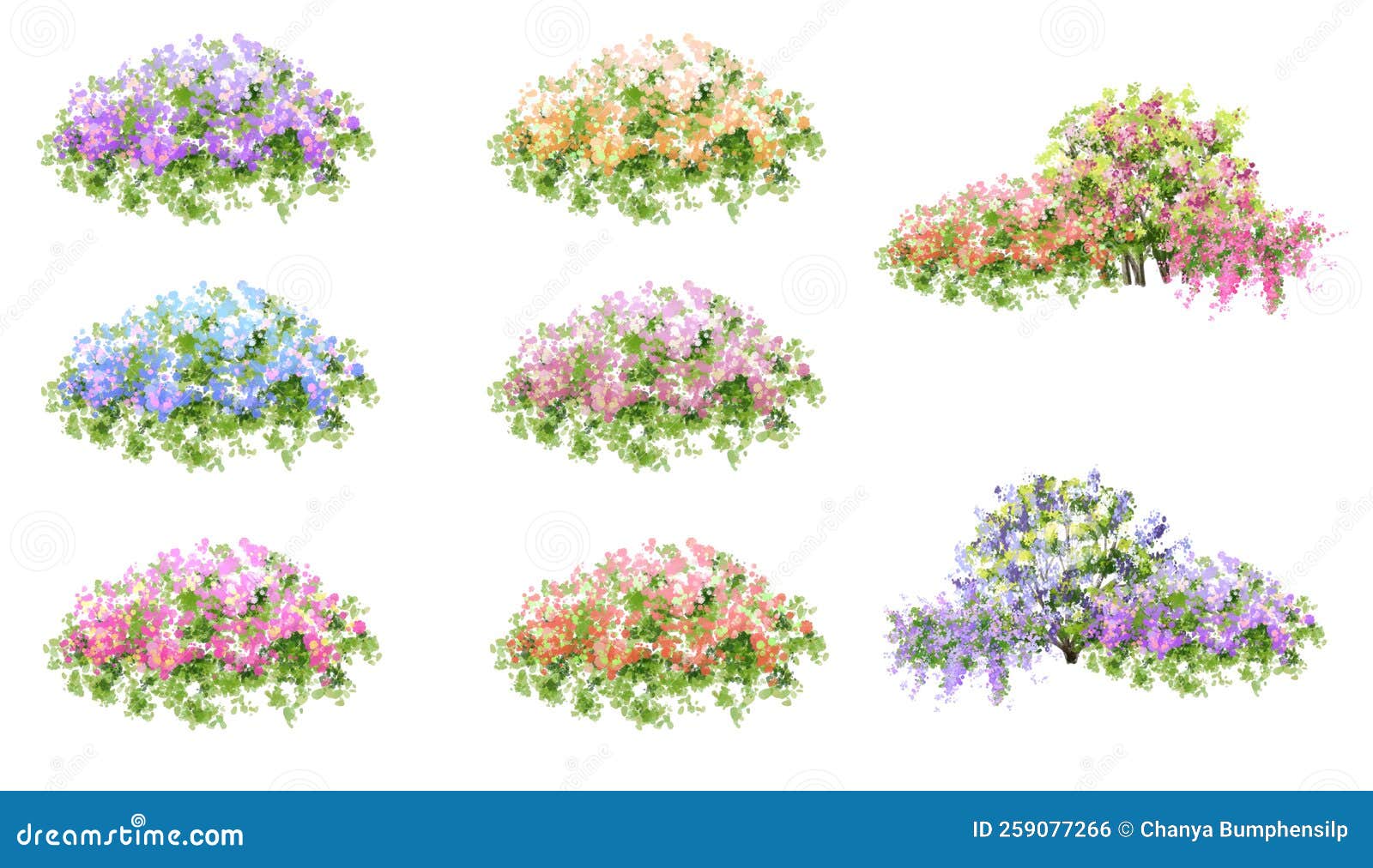 Watercolor Flower Tree Side View for Landscape Stock Photo - Image of ...