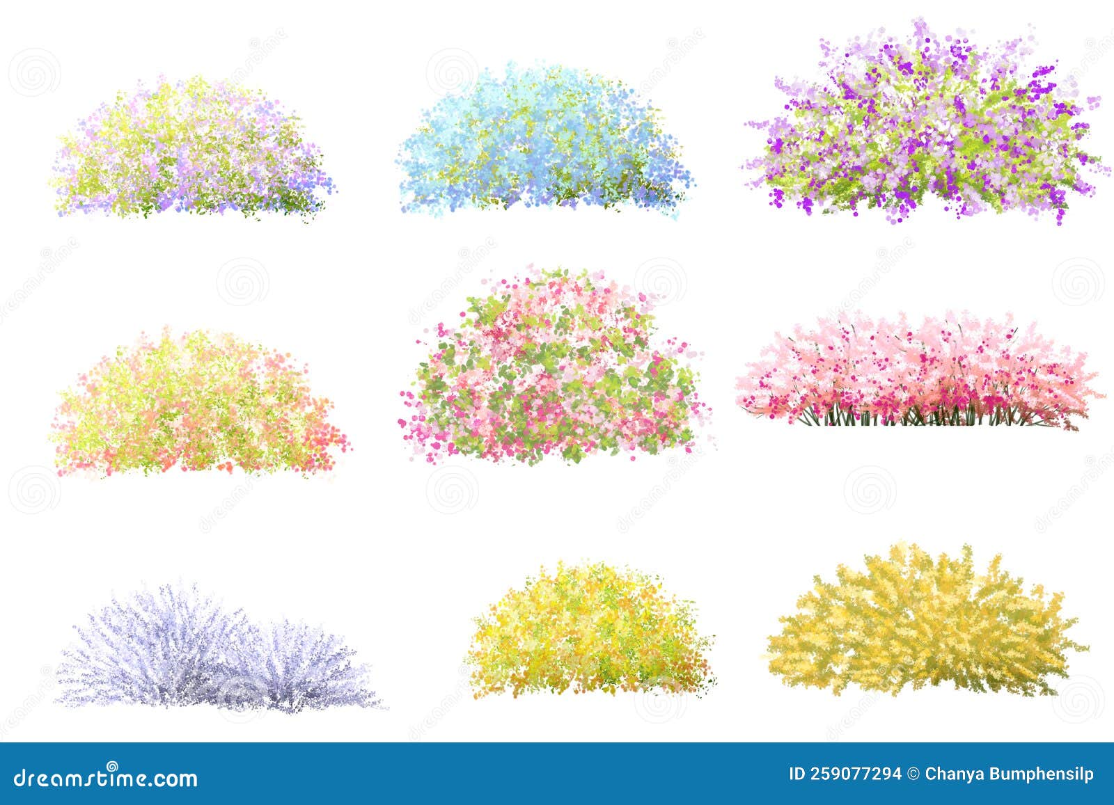 Watercolor Flower Tree Side View for Landscape Stock Photo - Image of ...
