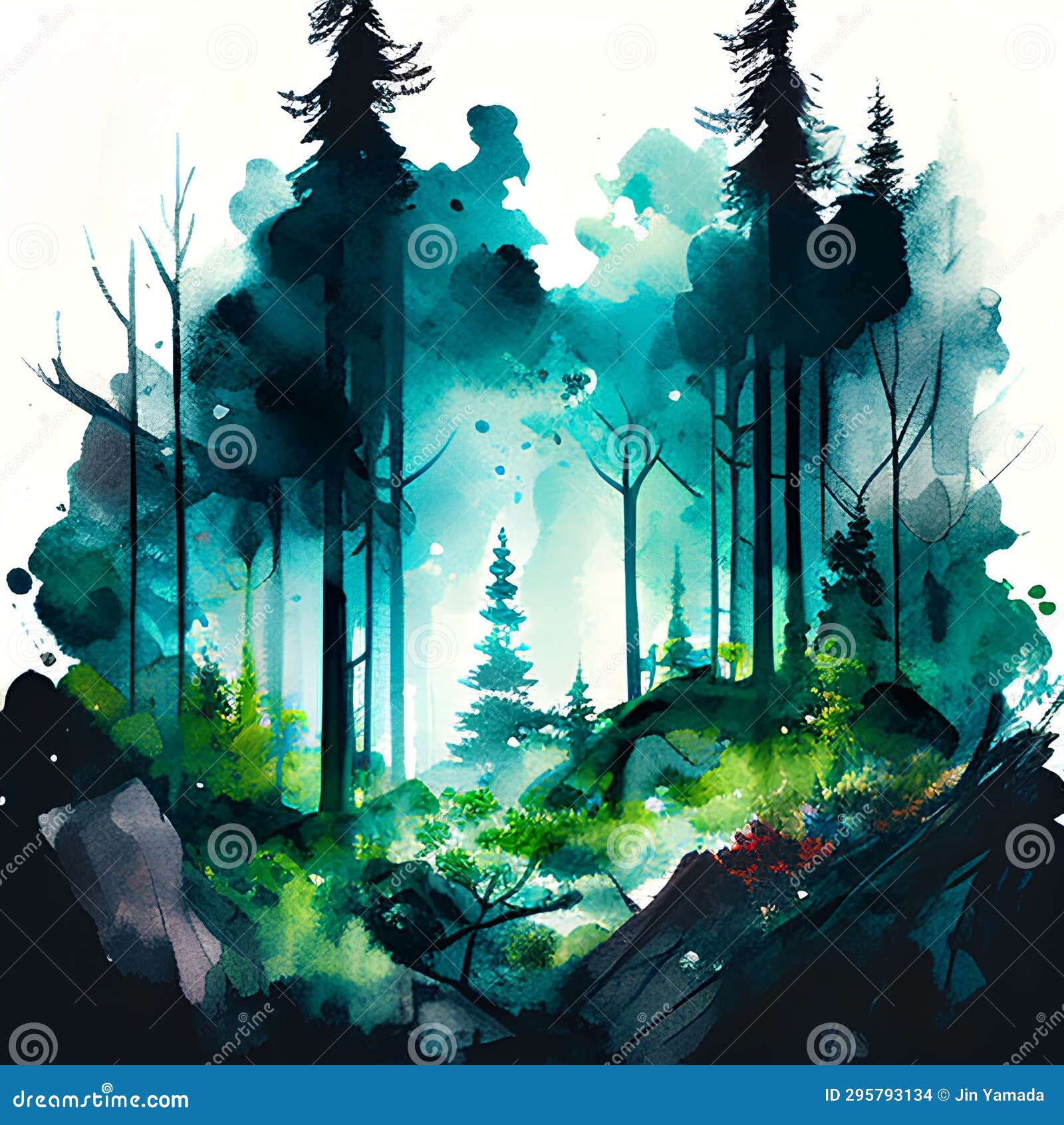 Watercolor Forest Background with Trees, Grass and Splashes. Hand Drawn ...