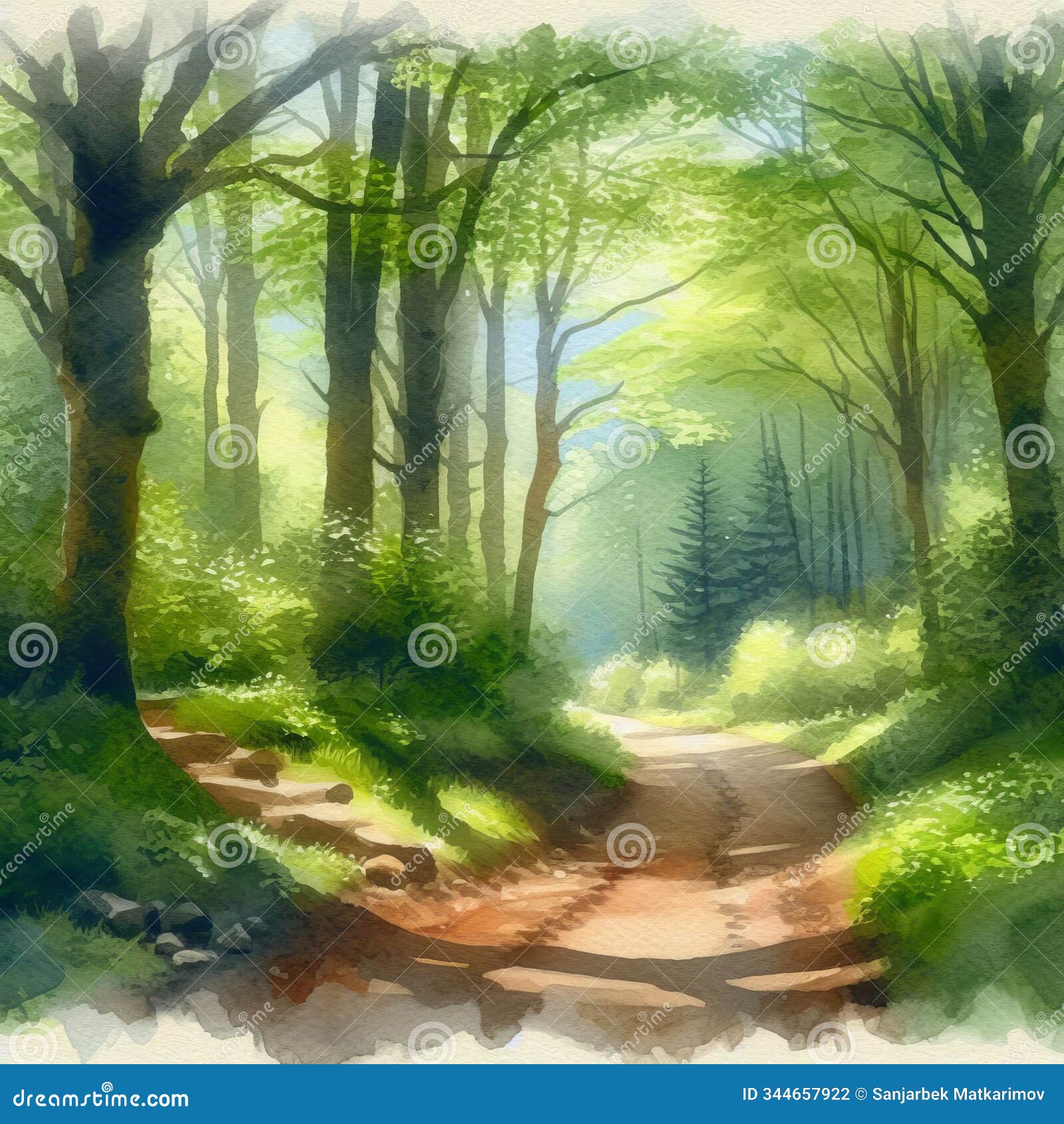 Watercolor Forest Path Soft Flowing Paths with Lush Green Surrou Stock ...