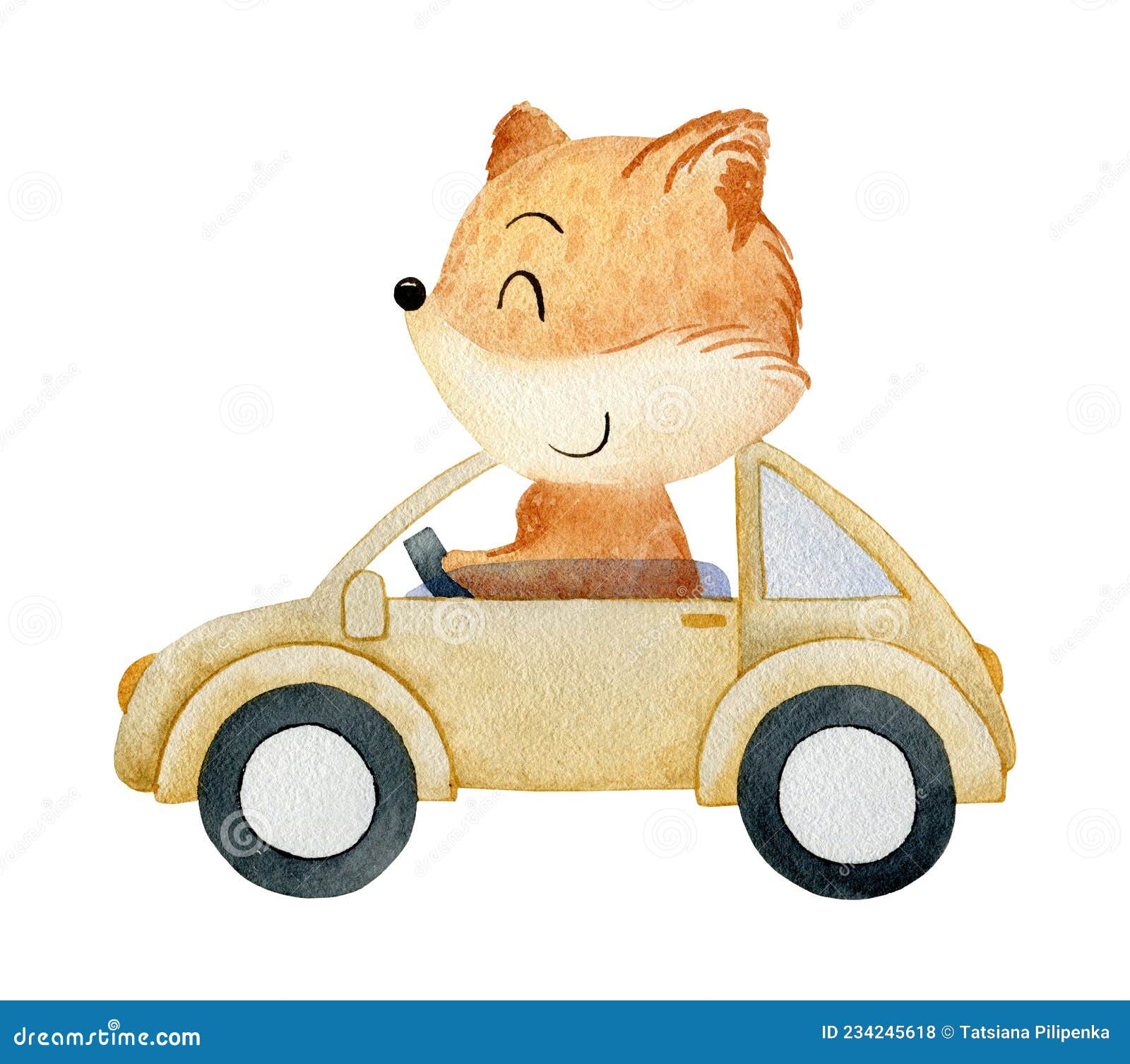 Watercolor fox in the car. stock photo. Image of drive - 234245618