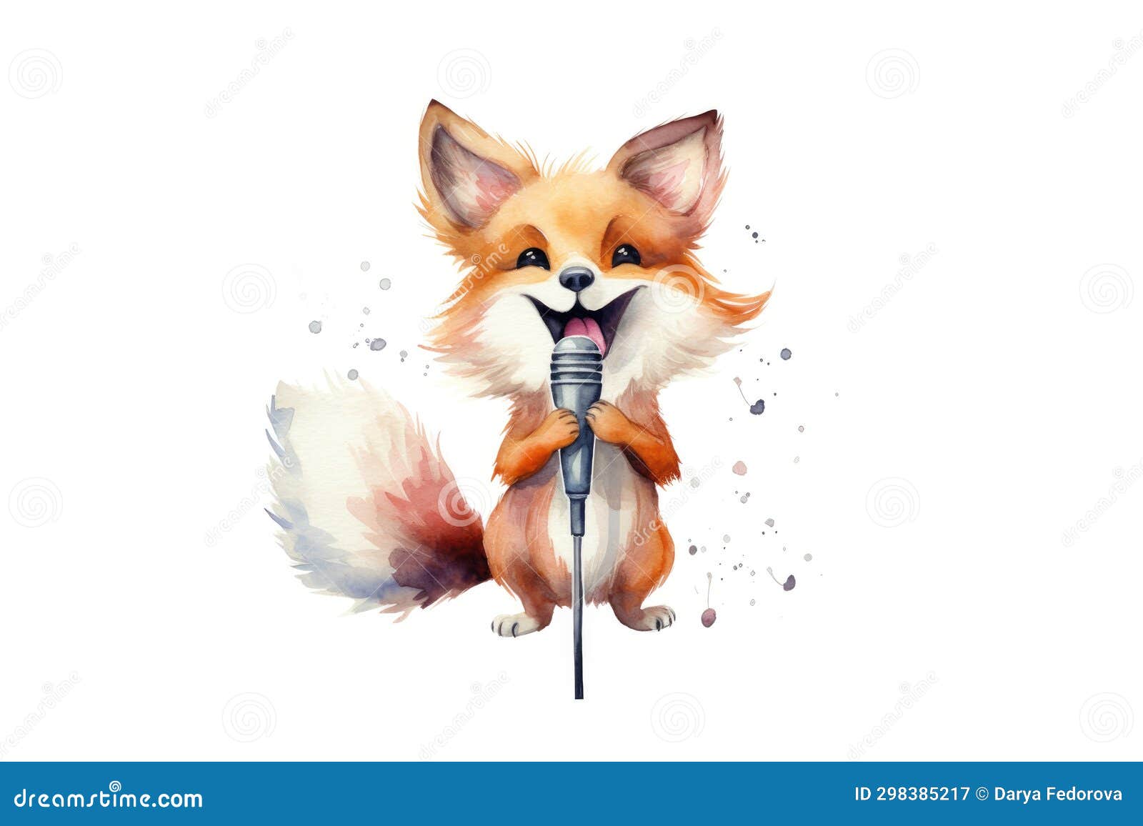 Watercolor Fox with Microphone on White Background Stock Illustration ...