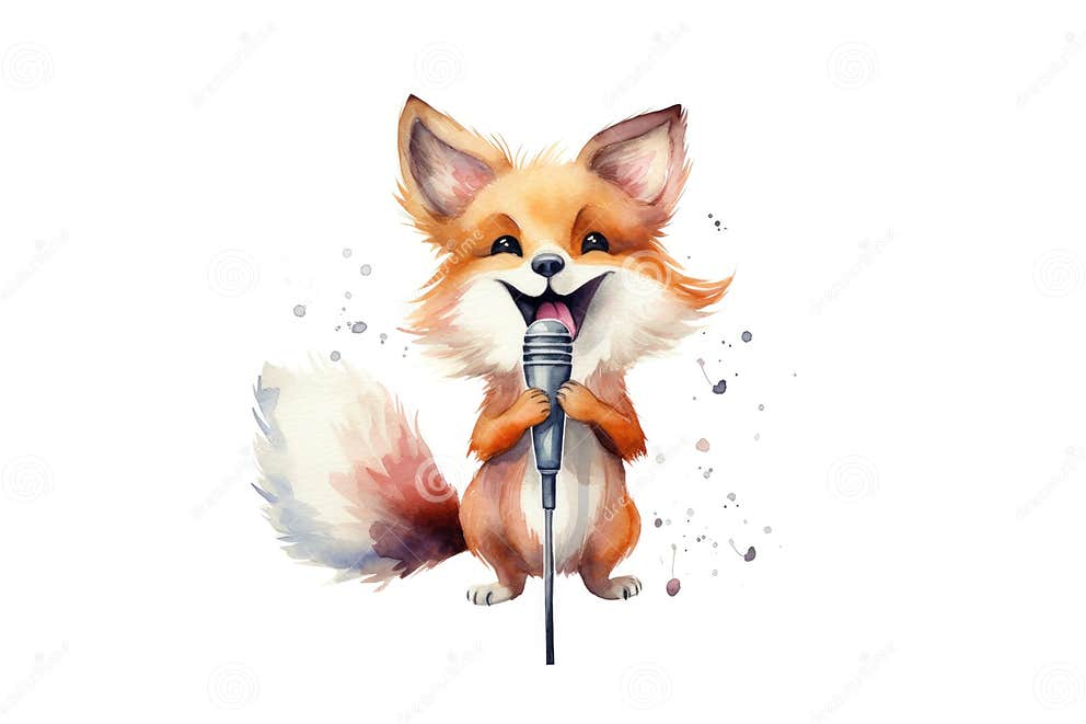 Watercolor Fox with Microphone on White Background Stock Illustration ...