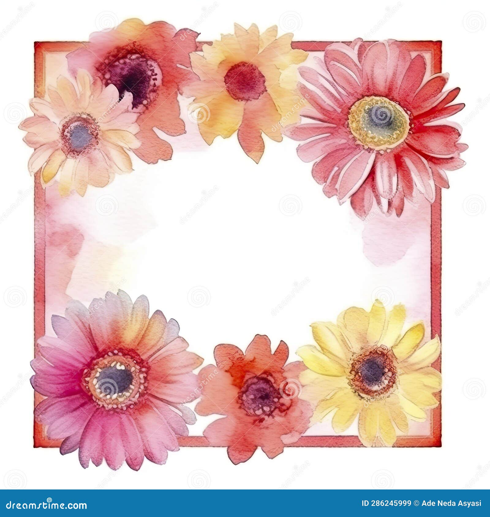 Watercolor Frame with Gerbera Flowers and Leaves on a White Background ...