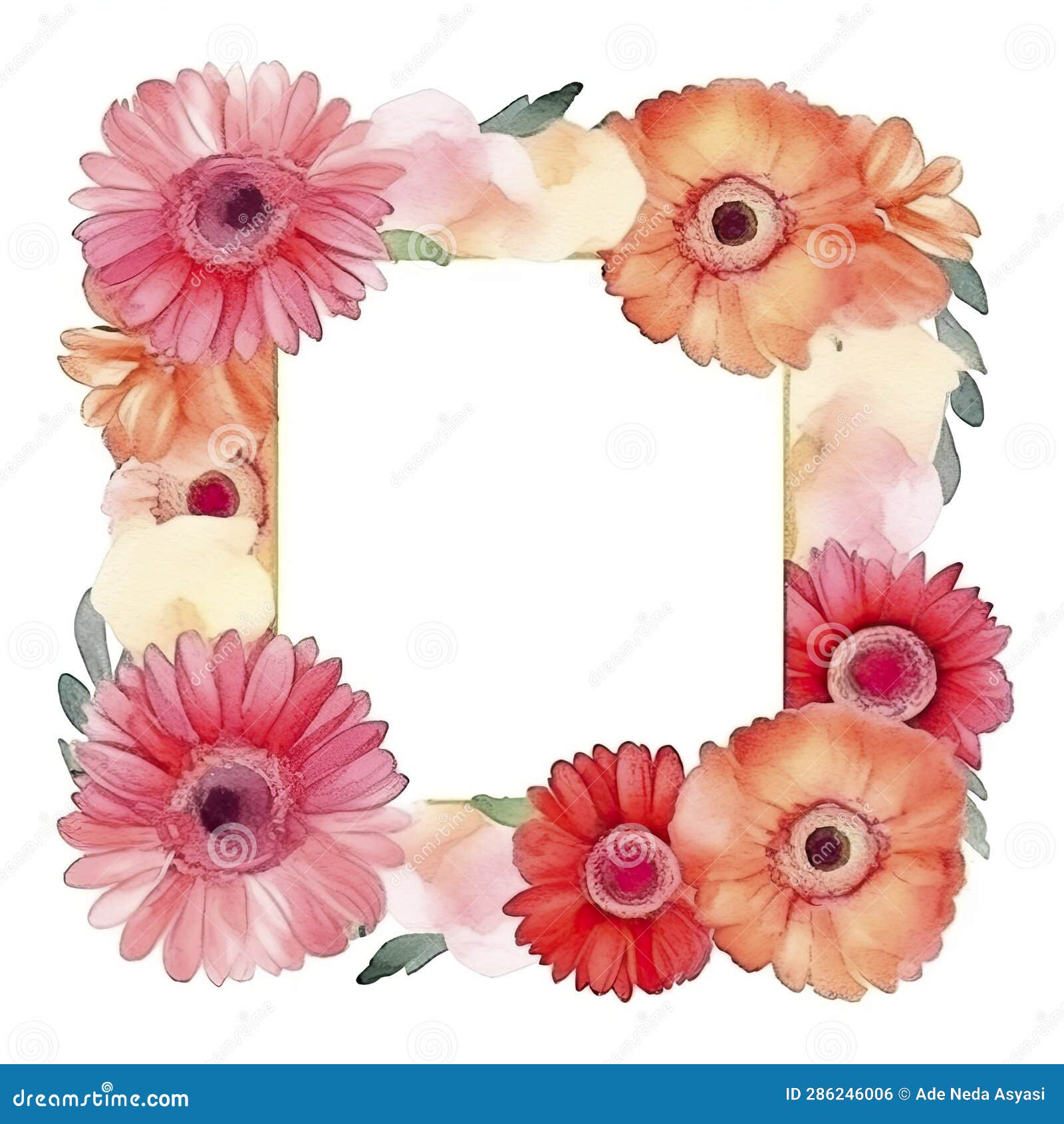 Watercolor Frame with Gerbera Flowers and Leaves on a White Background ...