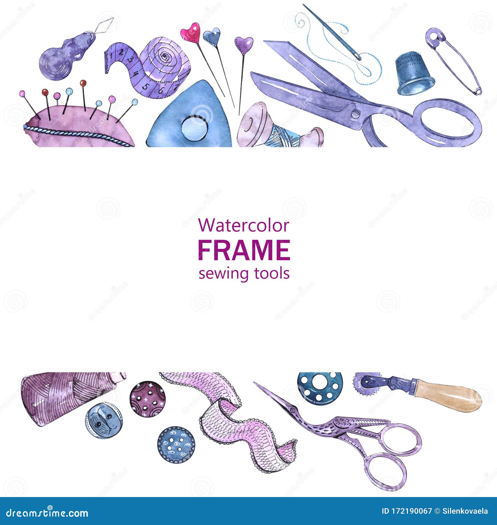 Watercolor Frame with Sewing Accessories and Attributes. Parts and ...