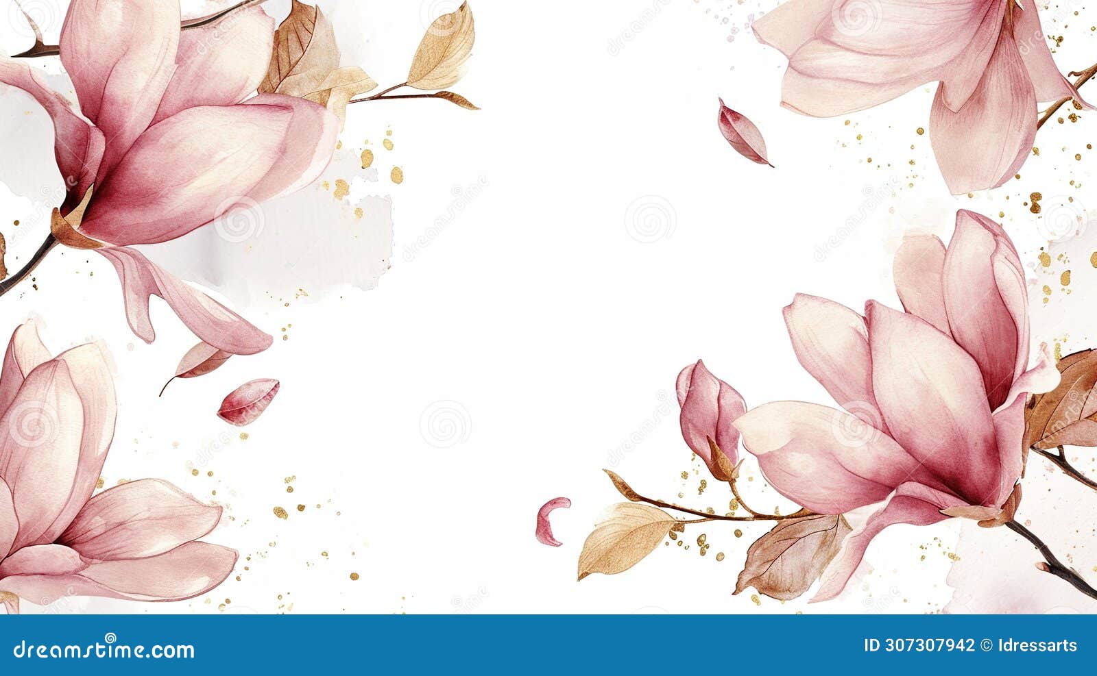 Watercolor Frame from White Magnolia with Gold Leaves Stock ...