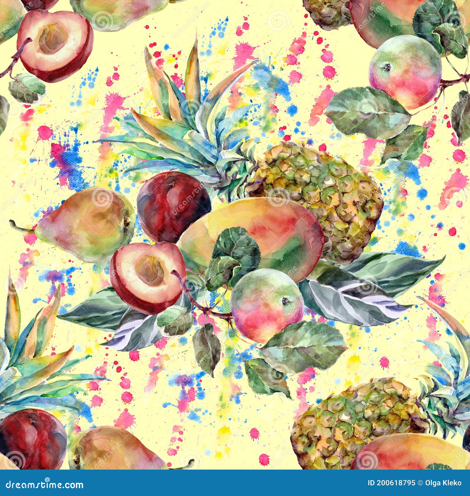 Watercolor Fruit with Leaves on Yellow Background. Stock Illustration ...