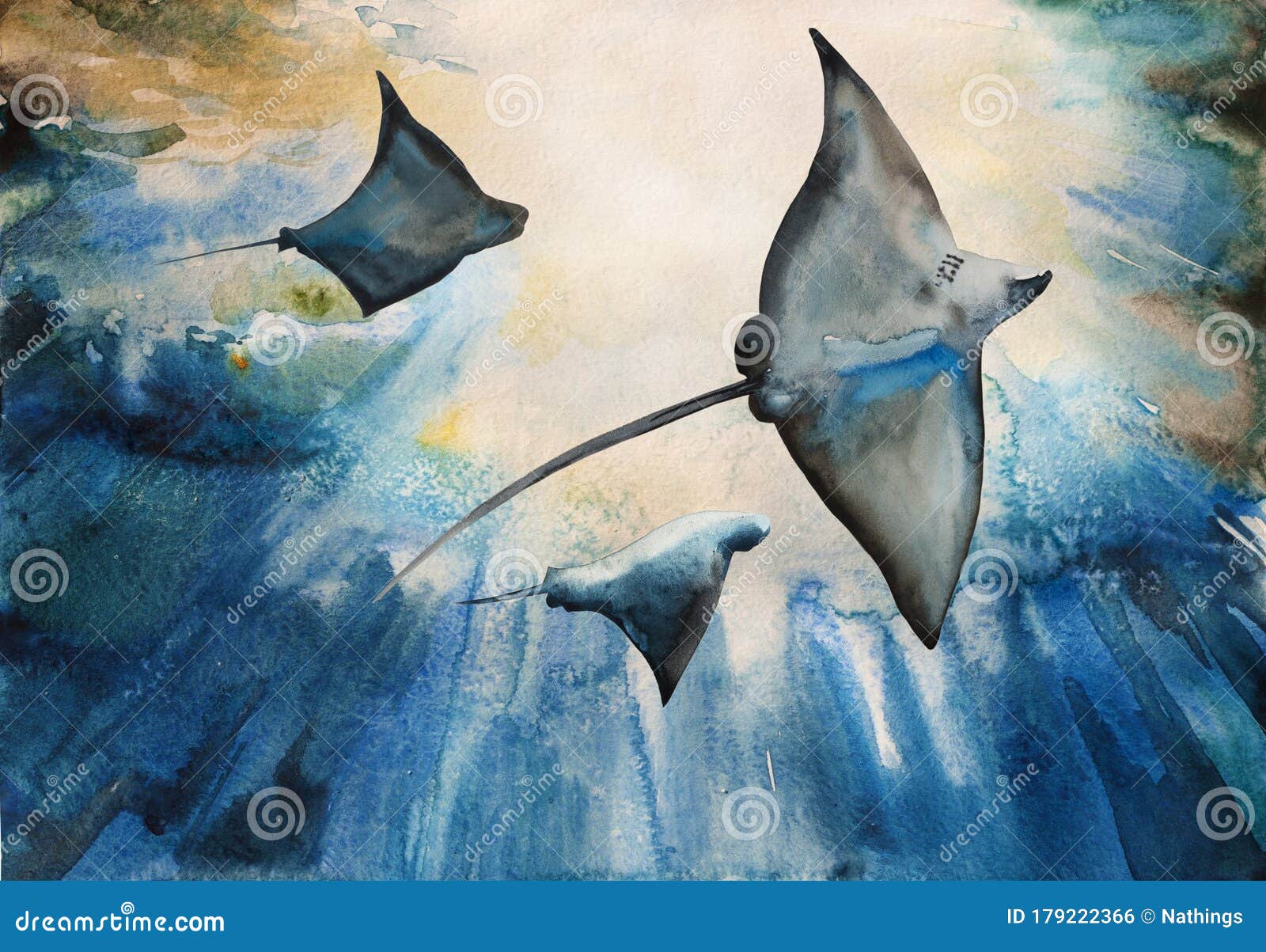 Watercolor of Giant Stingrays Dive into the Water. Original Blue ...