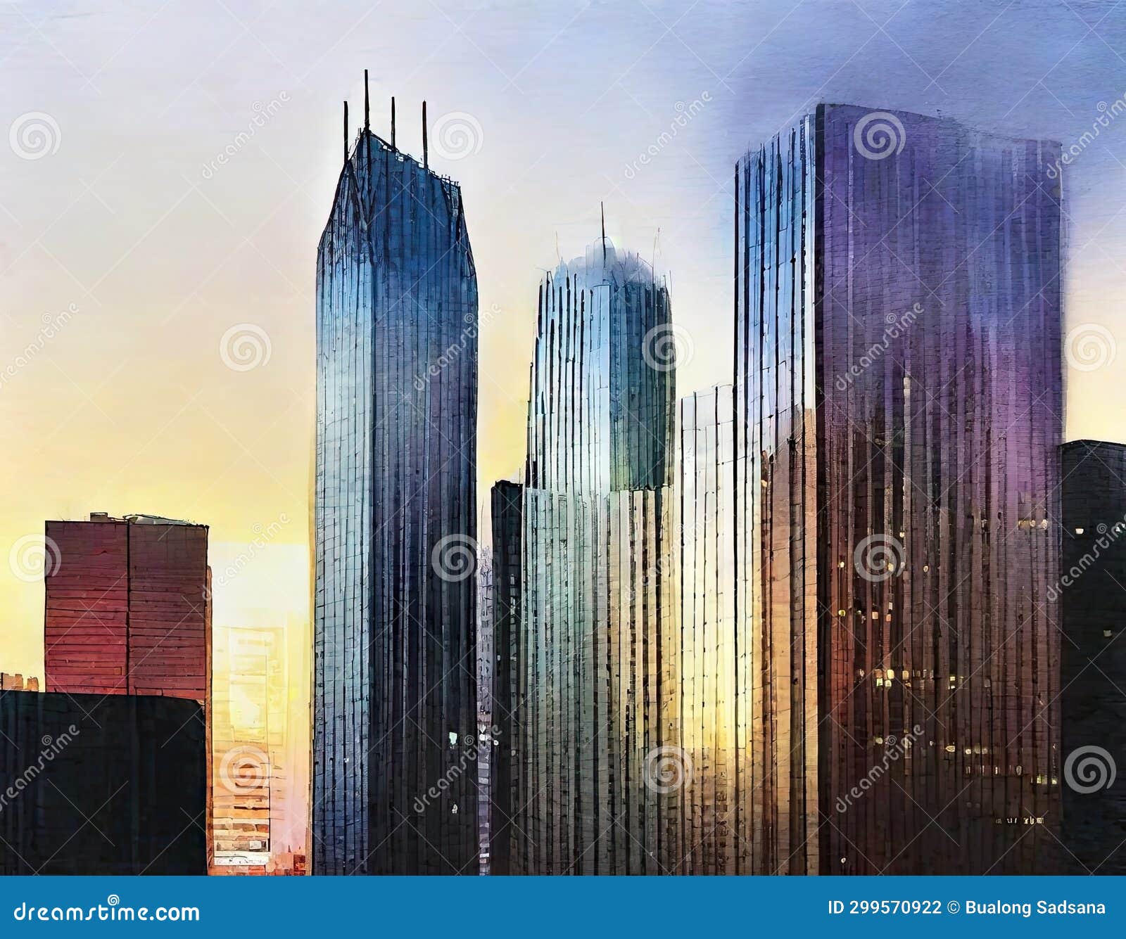 Watercolor of a Glowing Urban Nightscape Stock Illustration ...