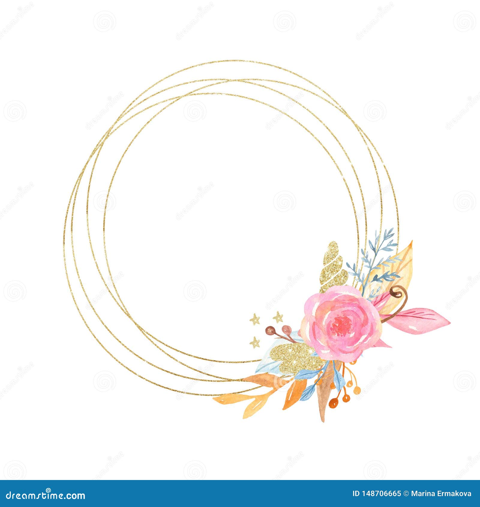 Watercolor Golden Round, Rectangular Frame with Flowers. Romantic ...