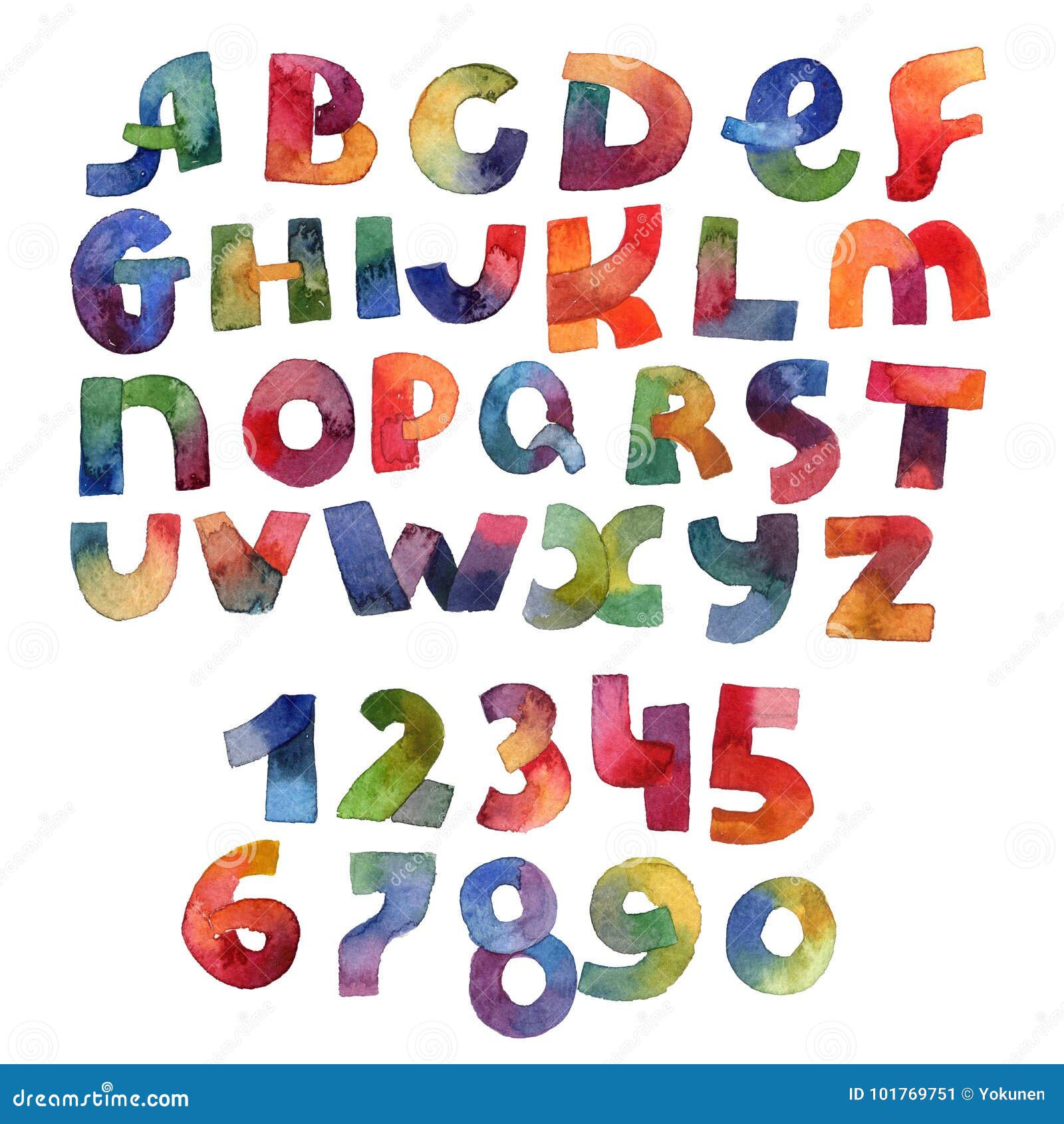 Watercolor Gradient Font in Bright Colors Drawn with Brush Stock ...