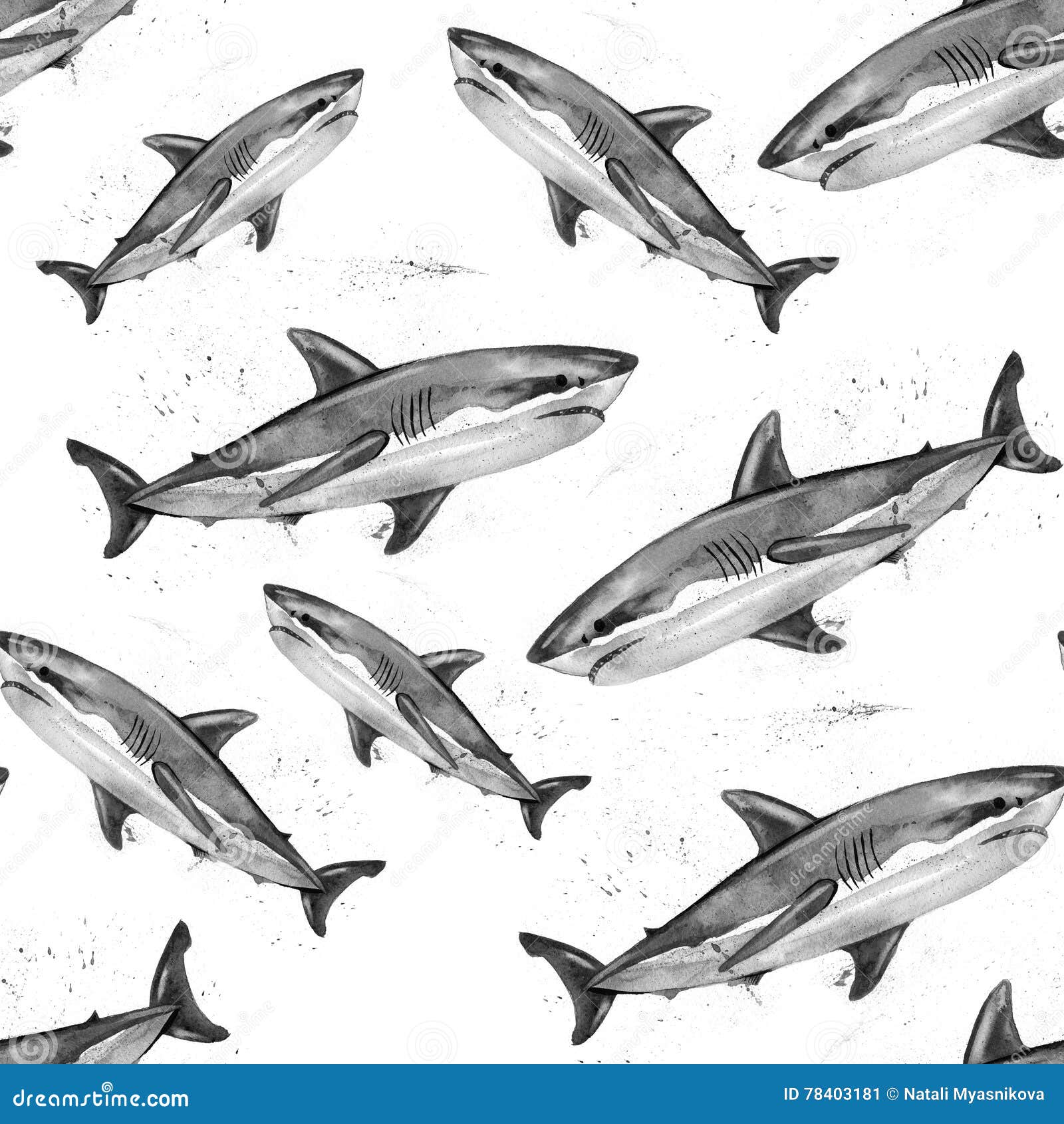 Watercolor Great White Shark Pattern. Stock Illustration - Illustration ...