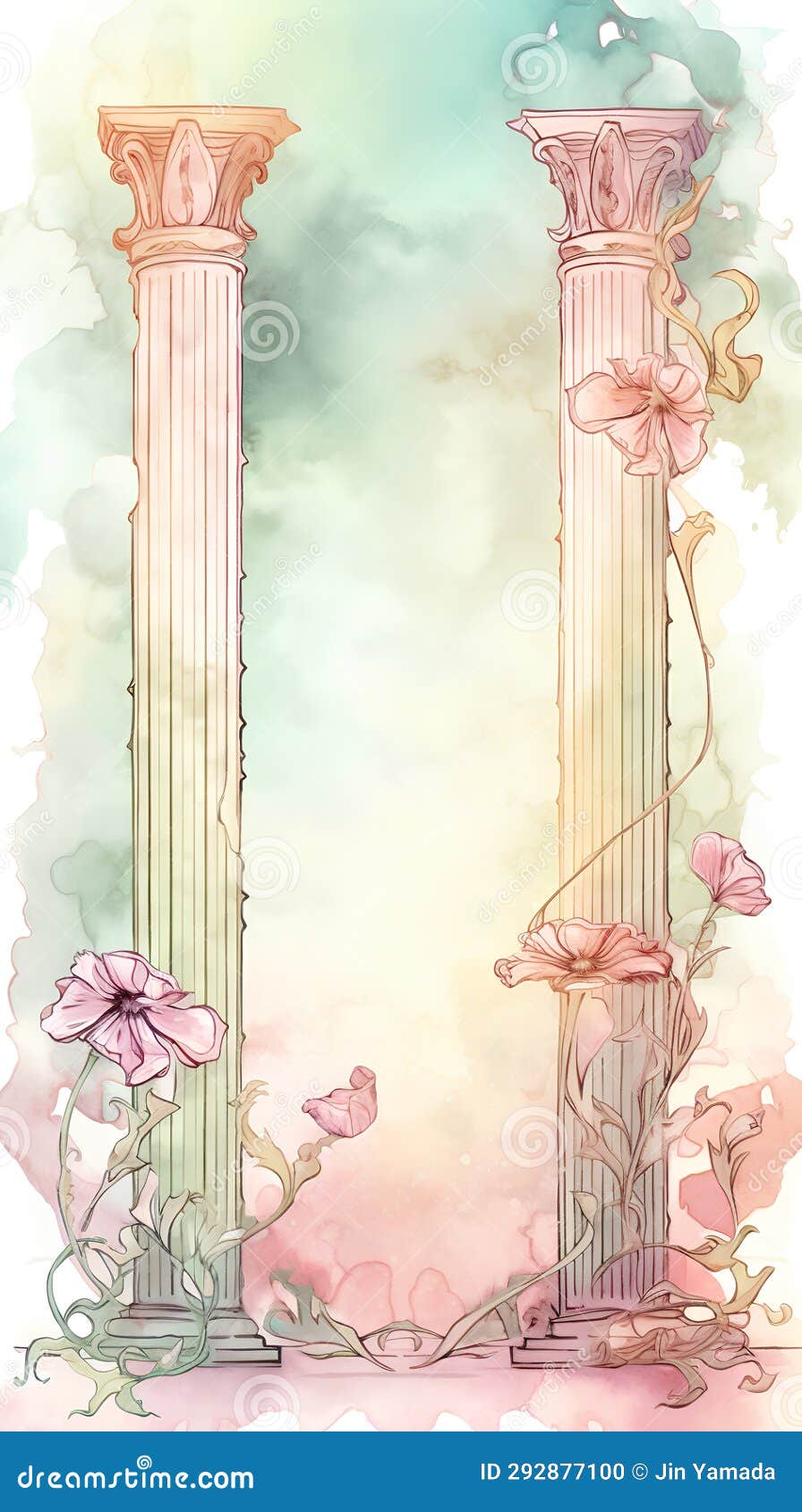 Watercolor Greek Columns with Flowers on Watercolor Background. Vector ...