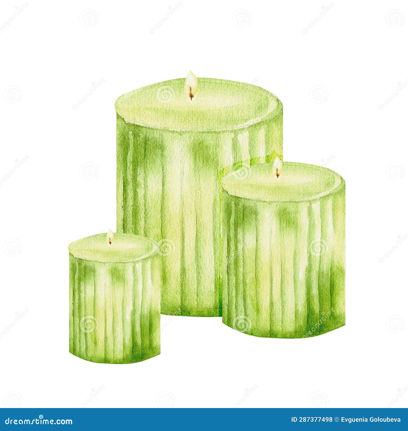 Watercolor Green Candles Composition. Three Candles Different Size Hand ...