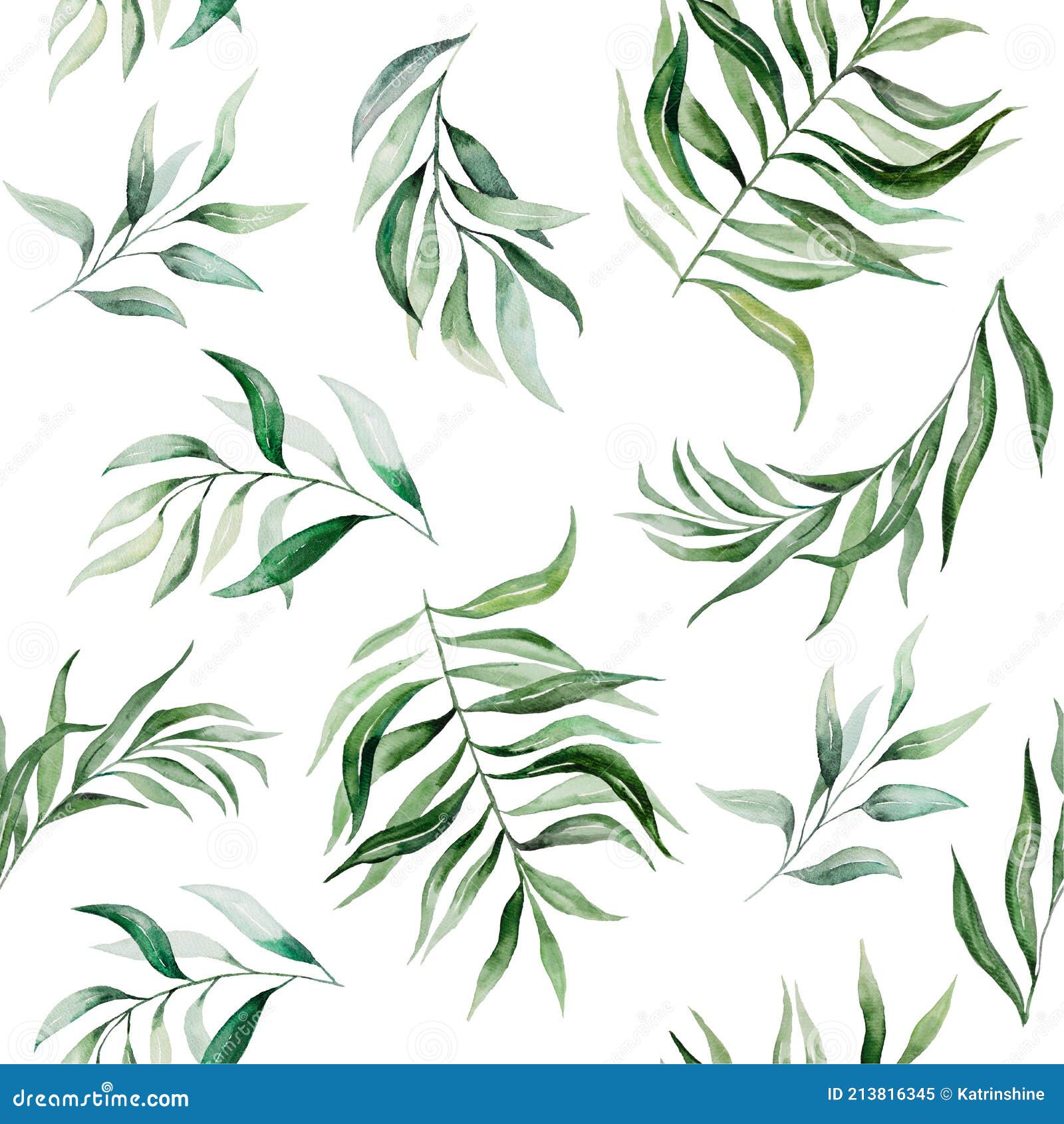 Watercolor Green Leaves Seamless Pattern Illustration Stock ...