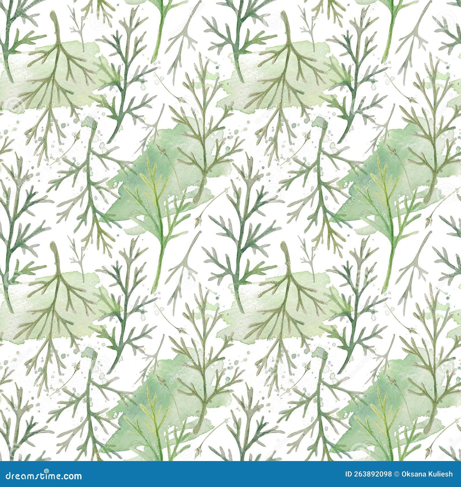 Watercolor Greenery Leaves and Splash Seamless Pattern Stock ...
