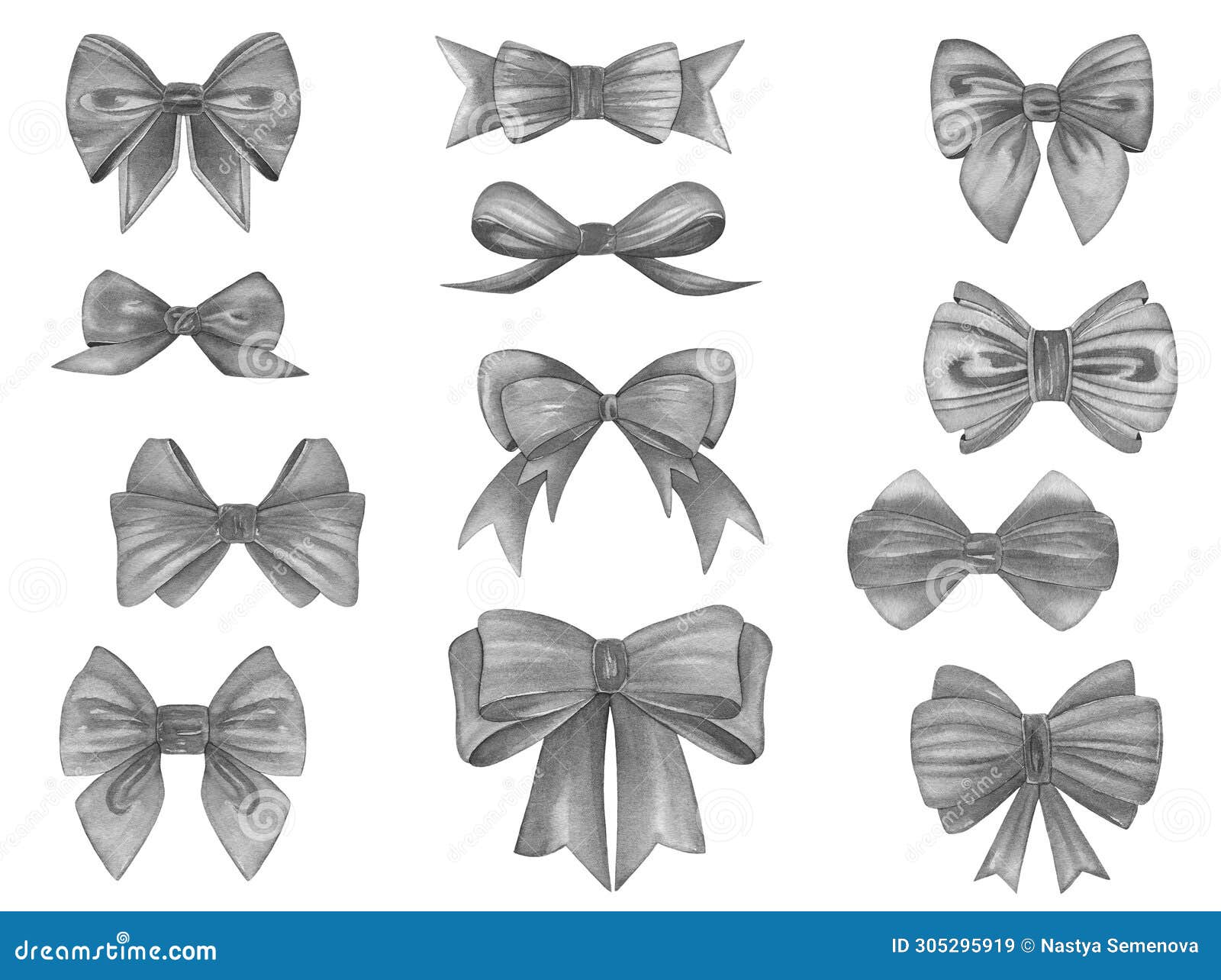 Watercolor Grey Bows Set Isolated on White Background. Hand Drawn ...