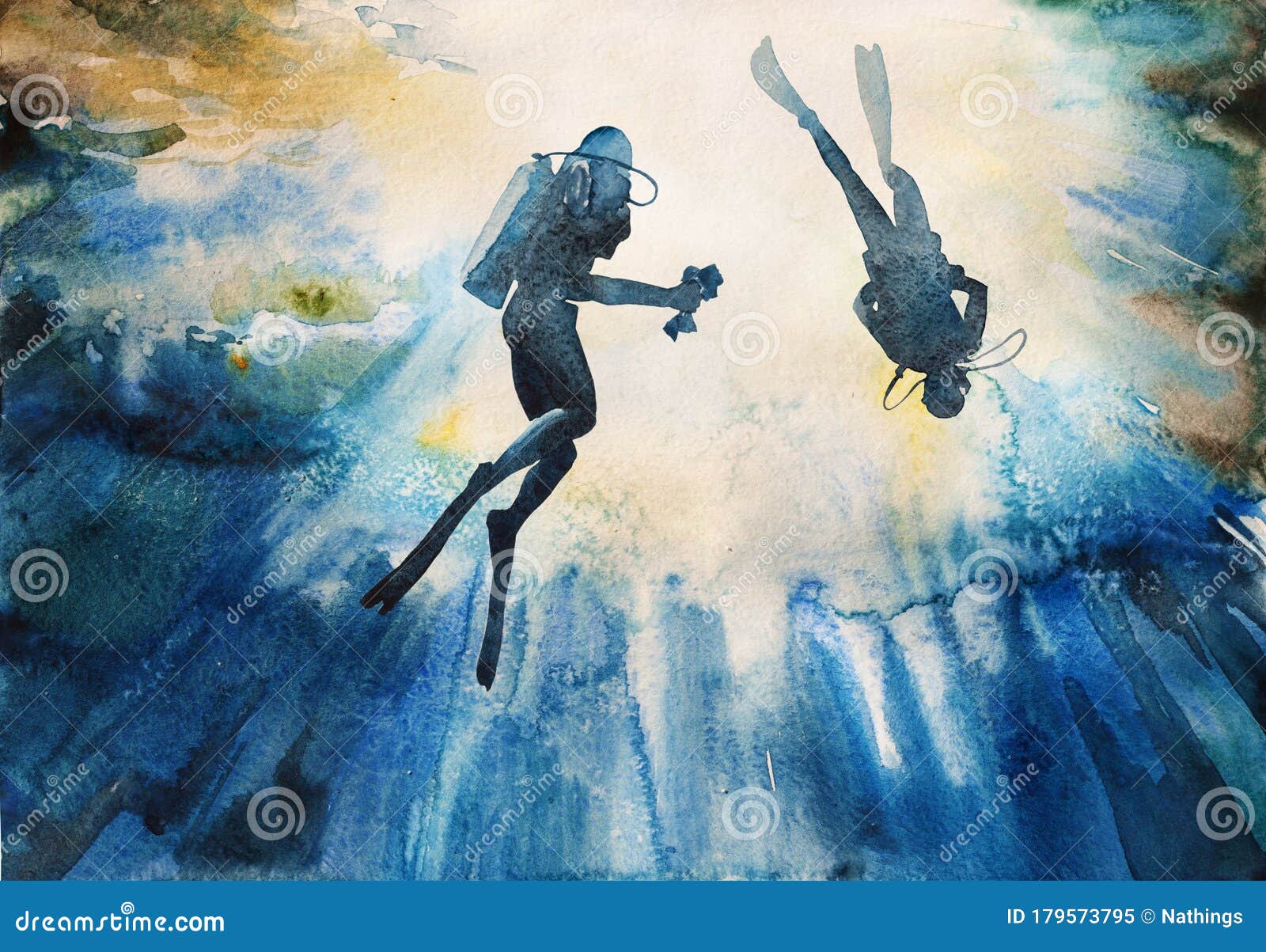 Watercolor Group of Divers in the Depth of Ocean. Original Illustration ...