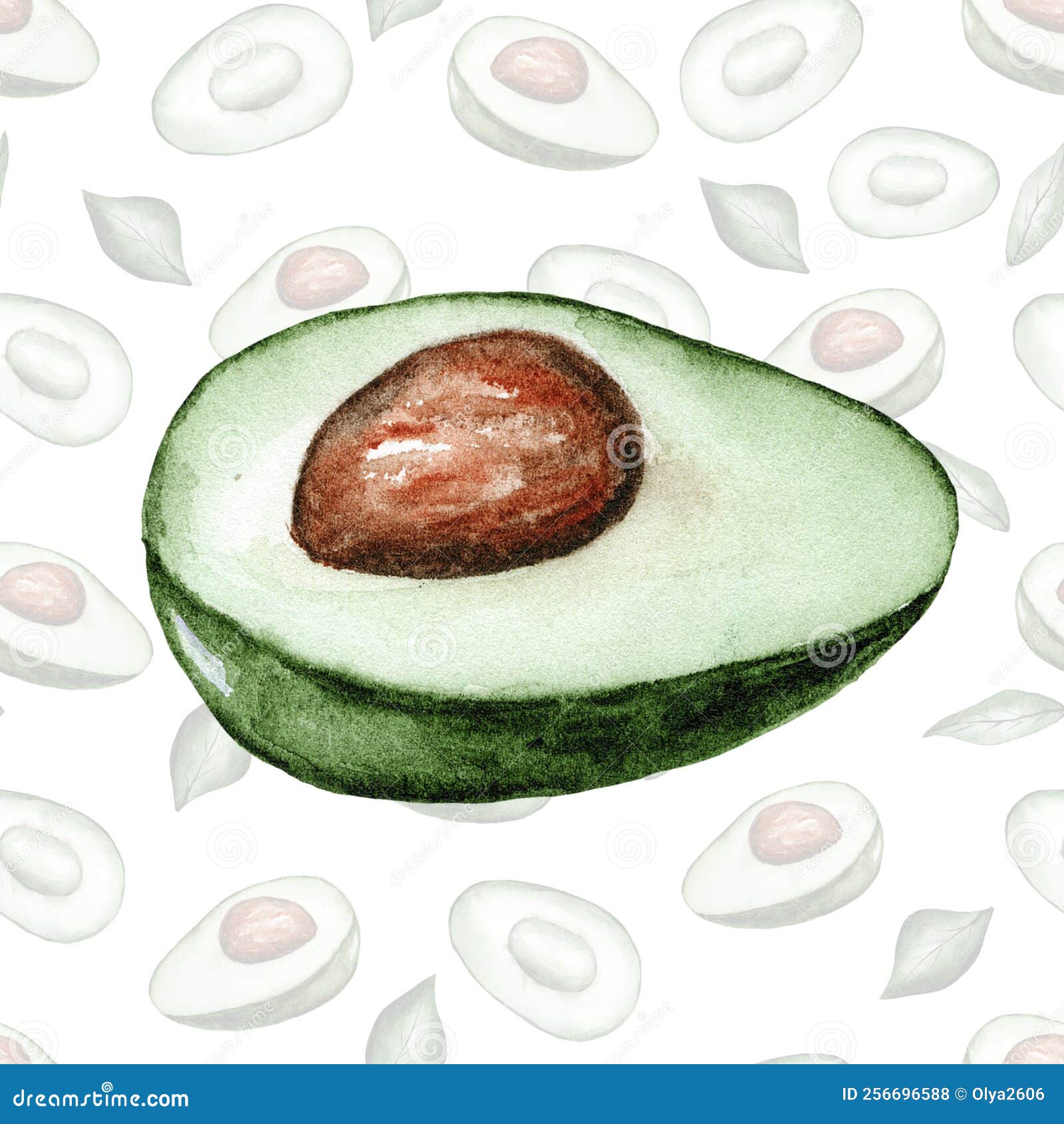 Watercolor Half Avocado with Bone on Pattern Background, Healthy Green ...