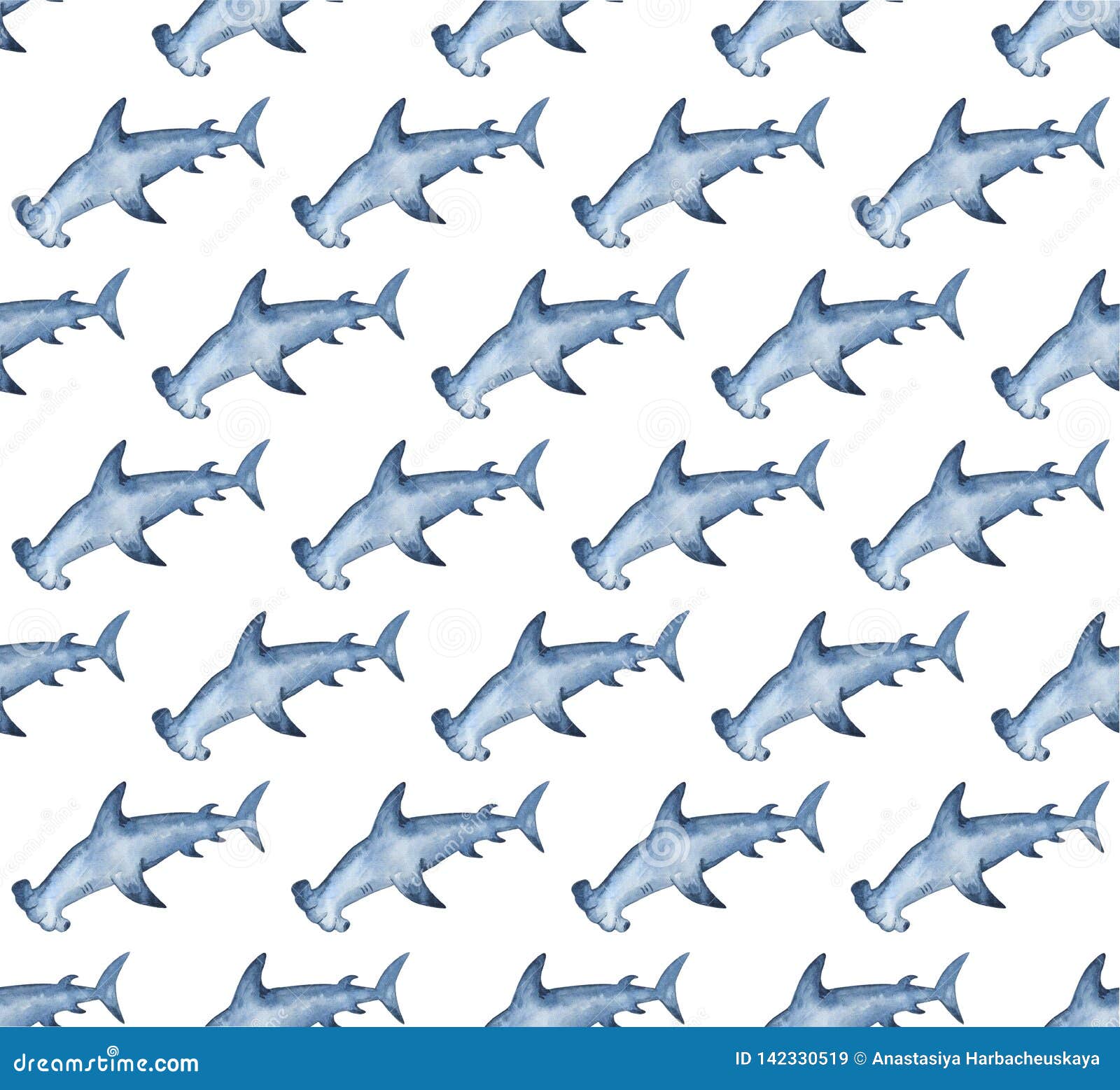 Watercolor Hammerhead Shark Background. Hand Painted Watercolor Pattern ...