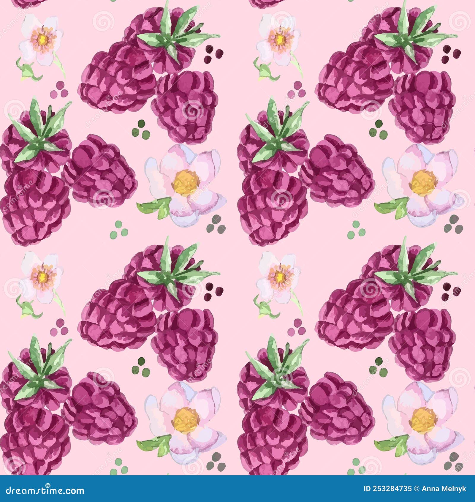 Watercolor Hand Drawing Vector Pattern Seamless, Raspberry, Flowers ...