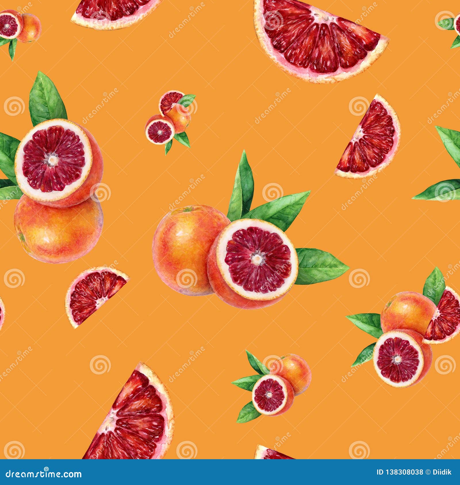Watercolor Hand Drawn Blood Orange Seamless Pattern. Stock Illustration ...