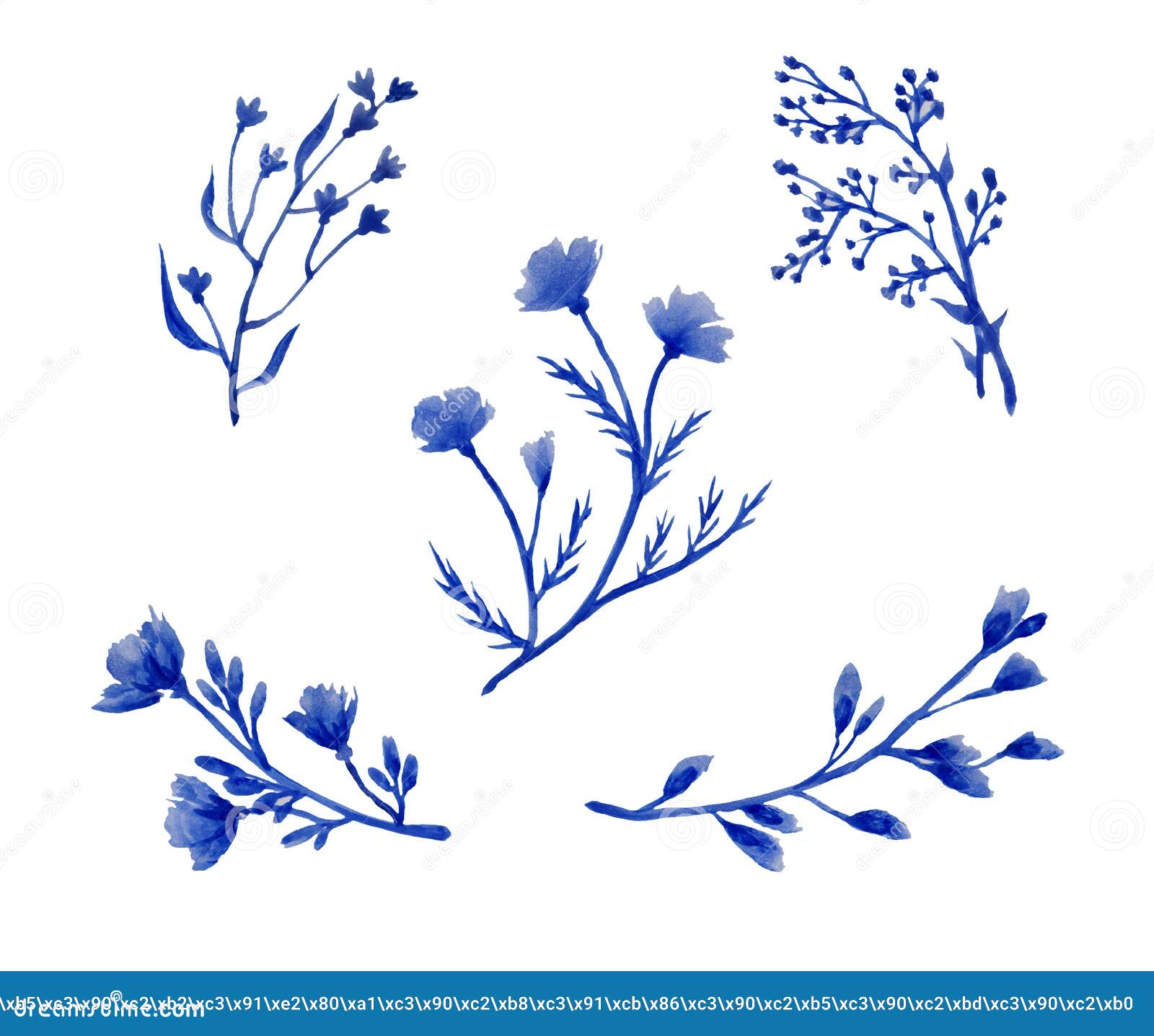 Watercolor Hand Drawn Blue Flowers Stock Illustration - Illustration of ...