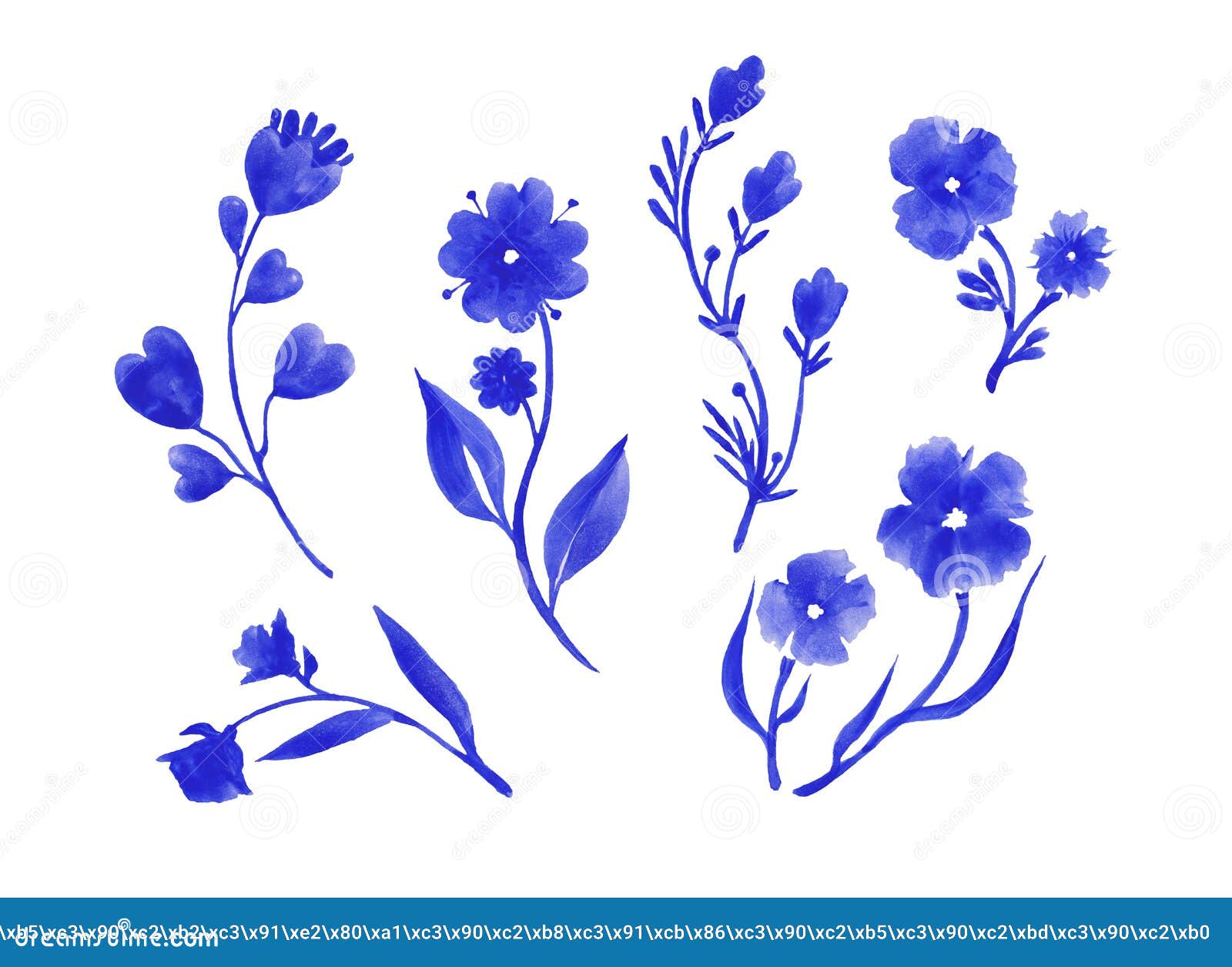 Watercolor Hand Drawn Blue Flowers Stock Illustration - Illustration of ...