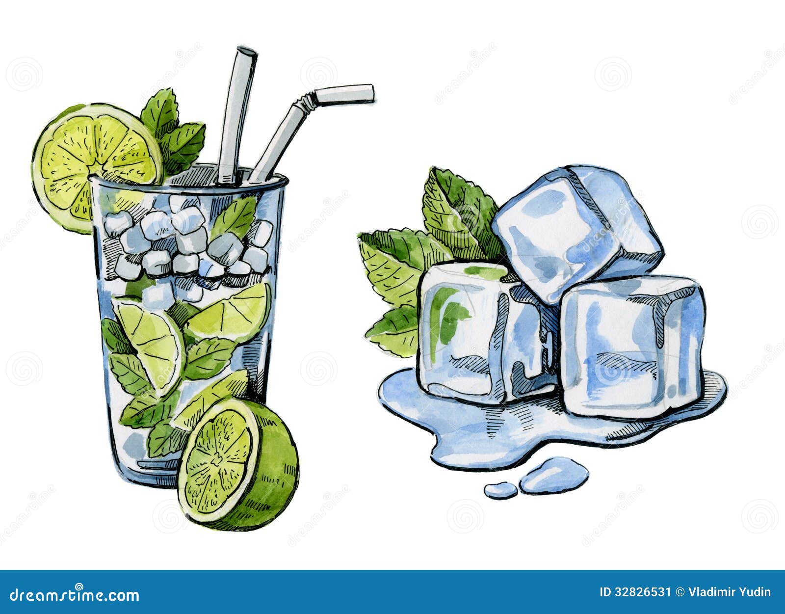 Watercolor Hand Drawn Cocktail and Ice Stock Illustration ...