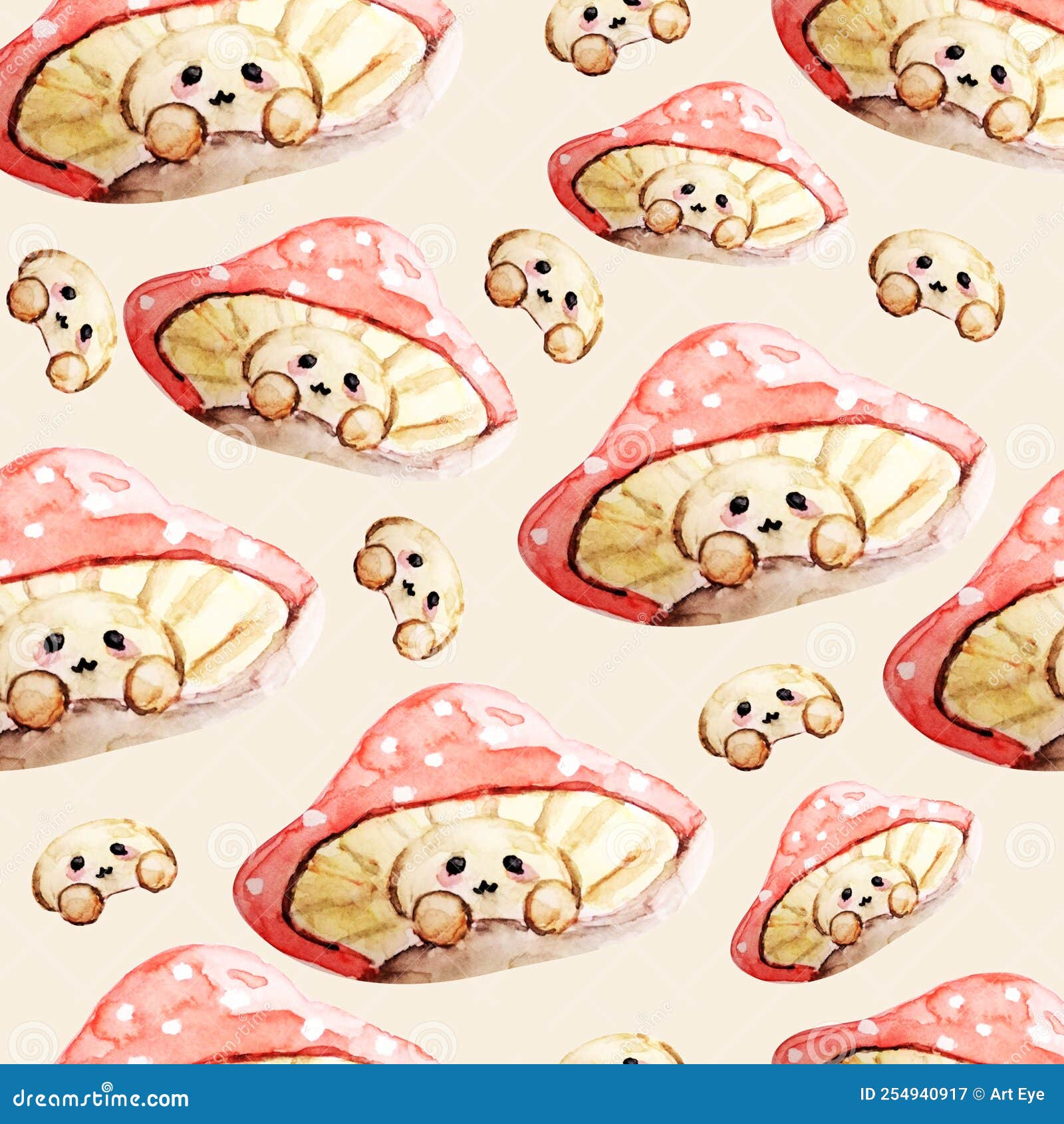 Watercolor Hand Drawn Cute Mushroom Seamless Pattern Background Stock ...