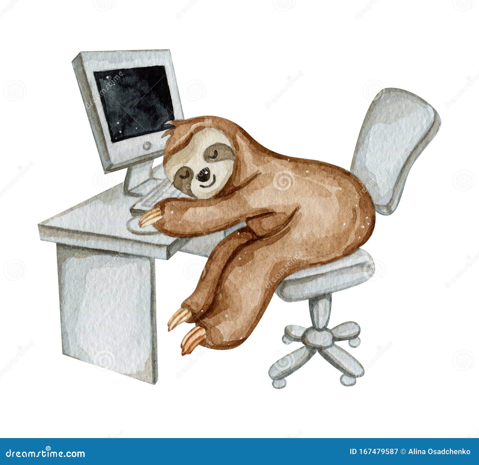 Watercolor Hand Drawn Cute Sloth Sleeping in the Office Isolated on ... Watercolor Hand Drawn Cute Sloth Sleeping in the Office Isolated on ...