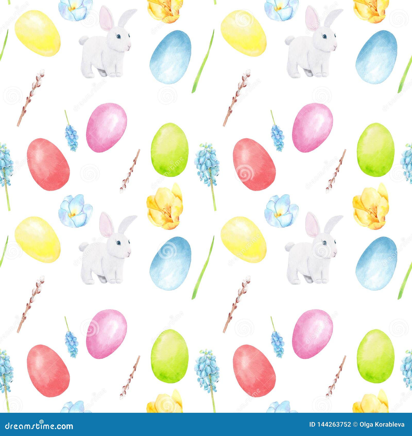 Watercolor Hand Drawn Easter Pattern with Traditional Elements on White ...