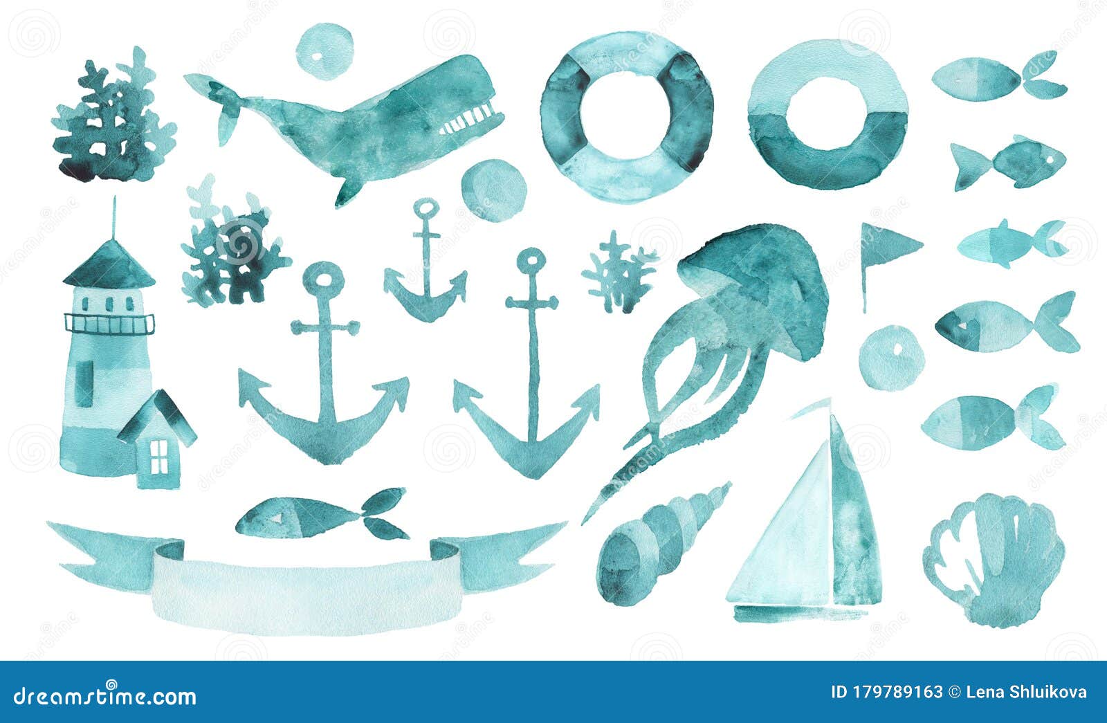 Watercolor Hand Drawn Illustration with a Set of Elements on the Marine ...