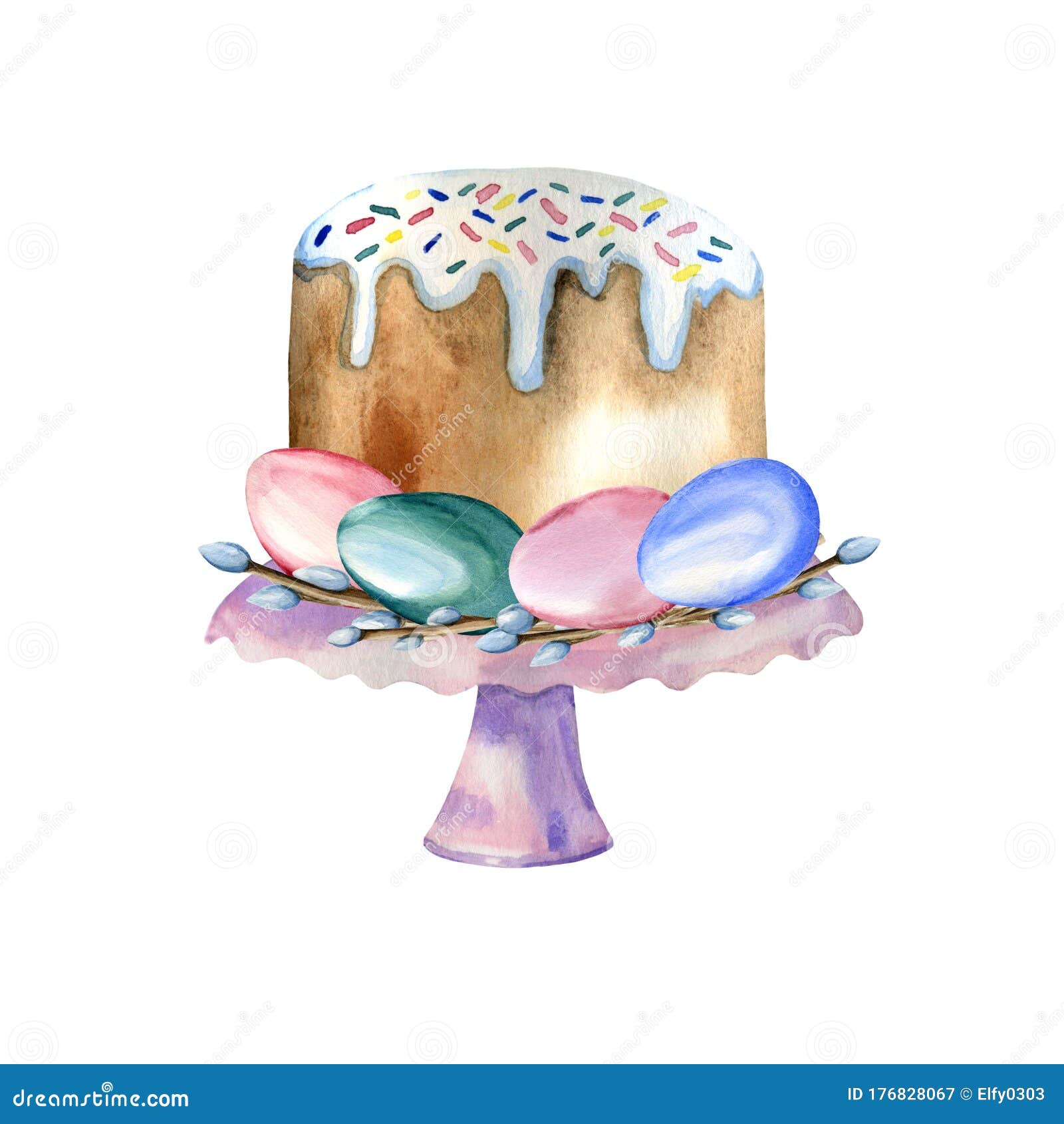 Watercolor Hand Drawn Illustration of Traditional Easter Cake with ...