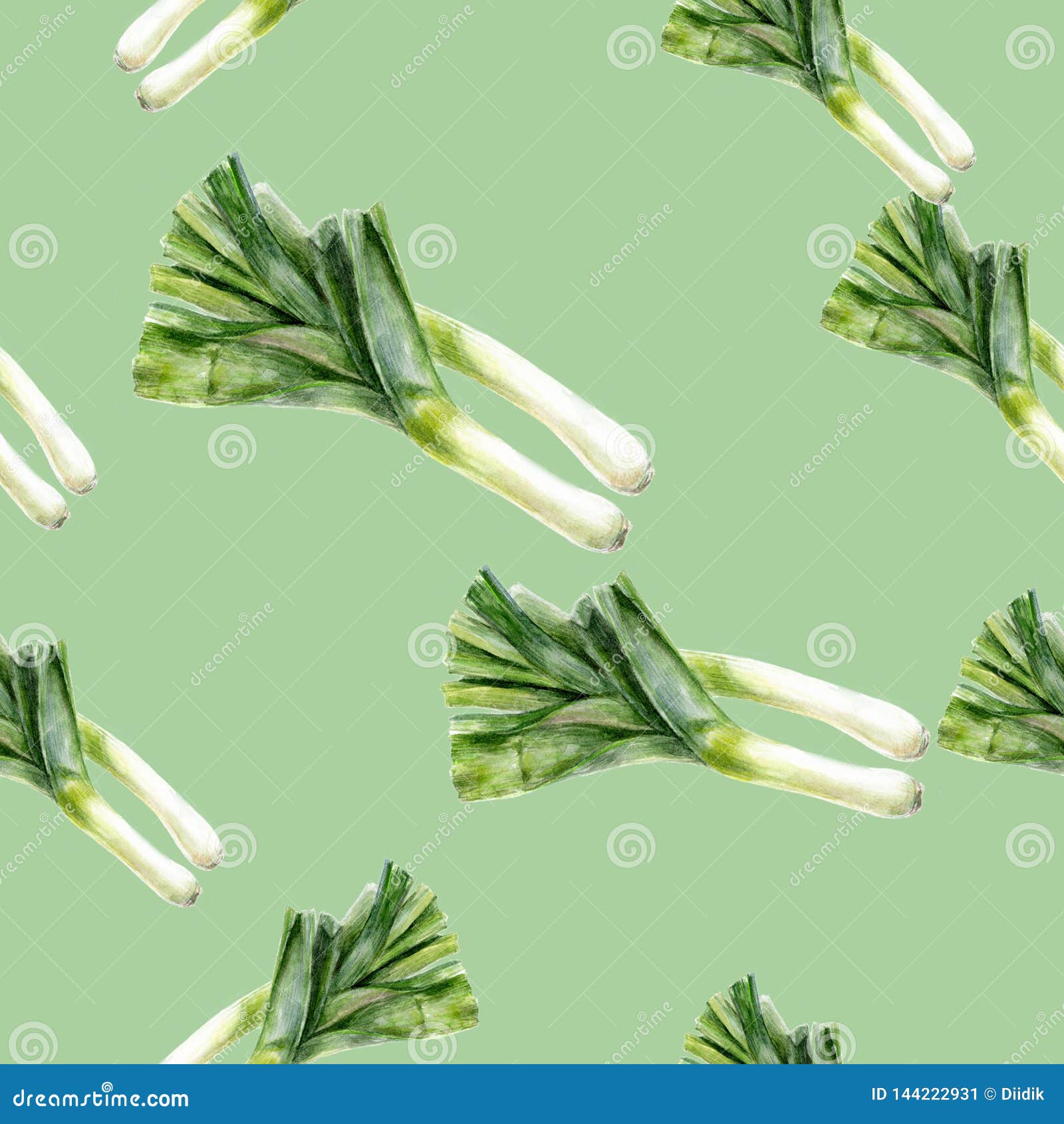 Watercolor Hand Drawn Leek Isolated Seamless Pattern. Stock ...