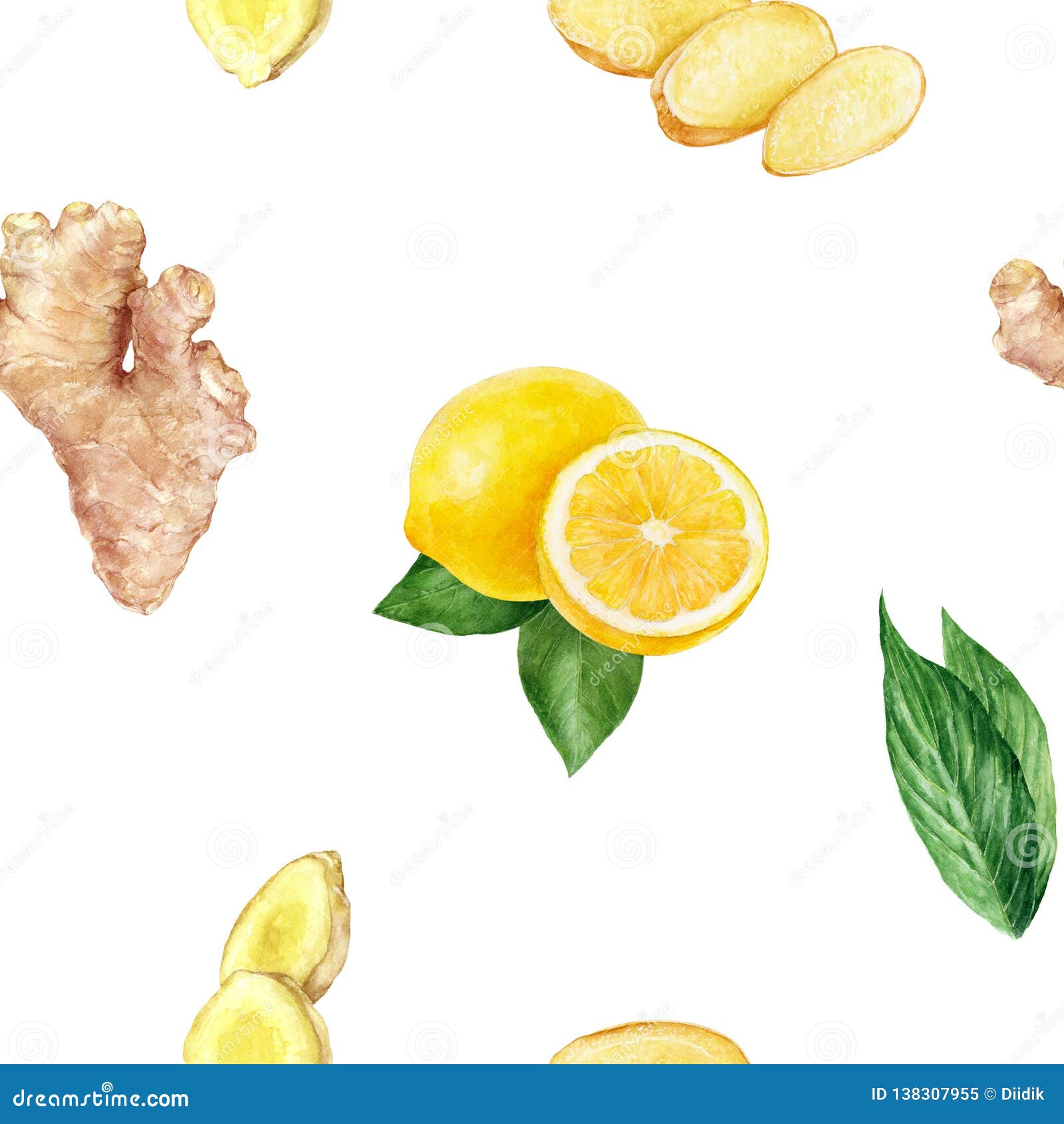 Watercolor Hand Drawn Lemon, Ginger Seamless Pattern. Stock ... Watercolor Hand Drawn Lemon, Ginger Seamless Pattern. Stock ...