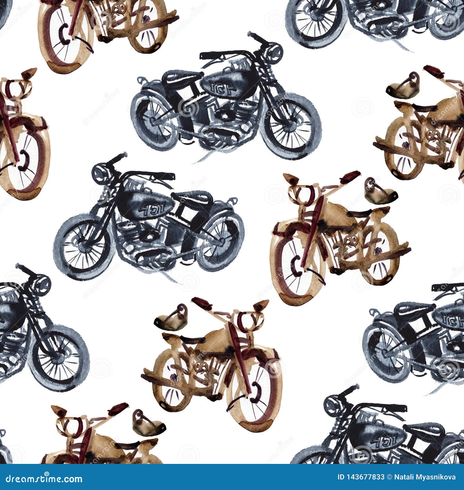 Watercolor Hand Drawn Motorcycle Illustration. Seamless Pattern. Stock ...