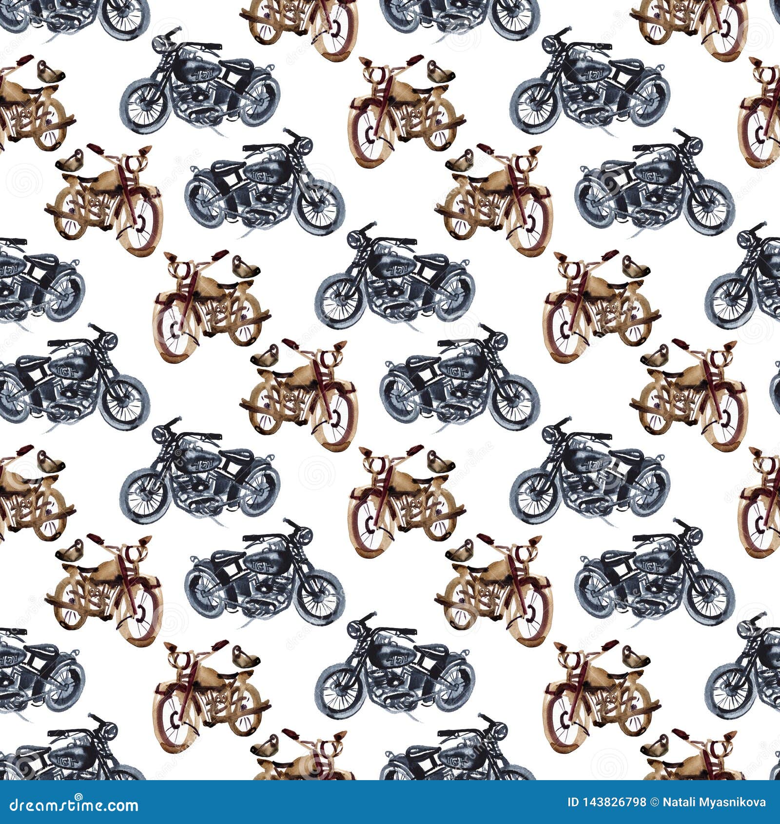 Watercolor Hand Drawn Motorcycle Illustration. Seamless Pattern. Stock ...