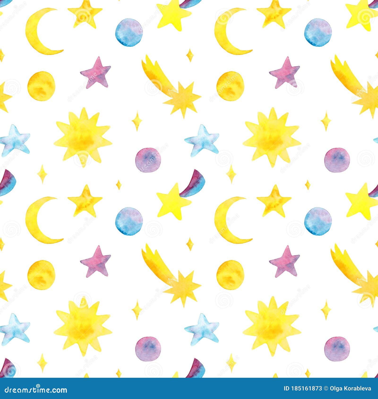 Watercolor Hand Drawn Multi Colored Stars, Moon, Sun and Comets ...