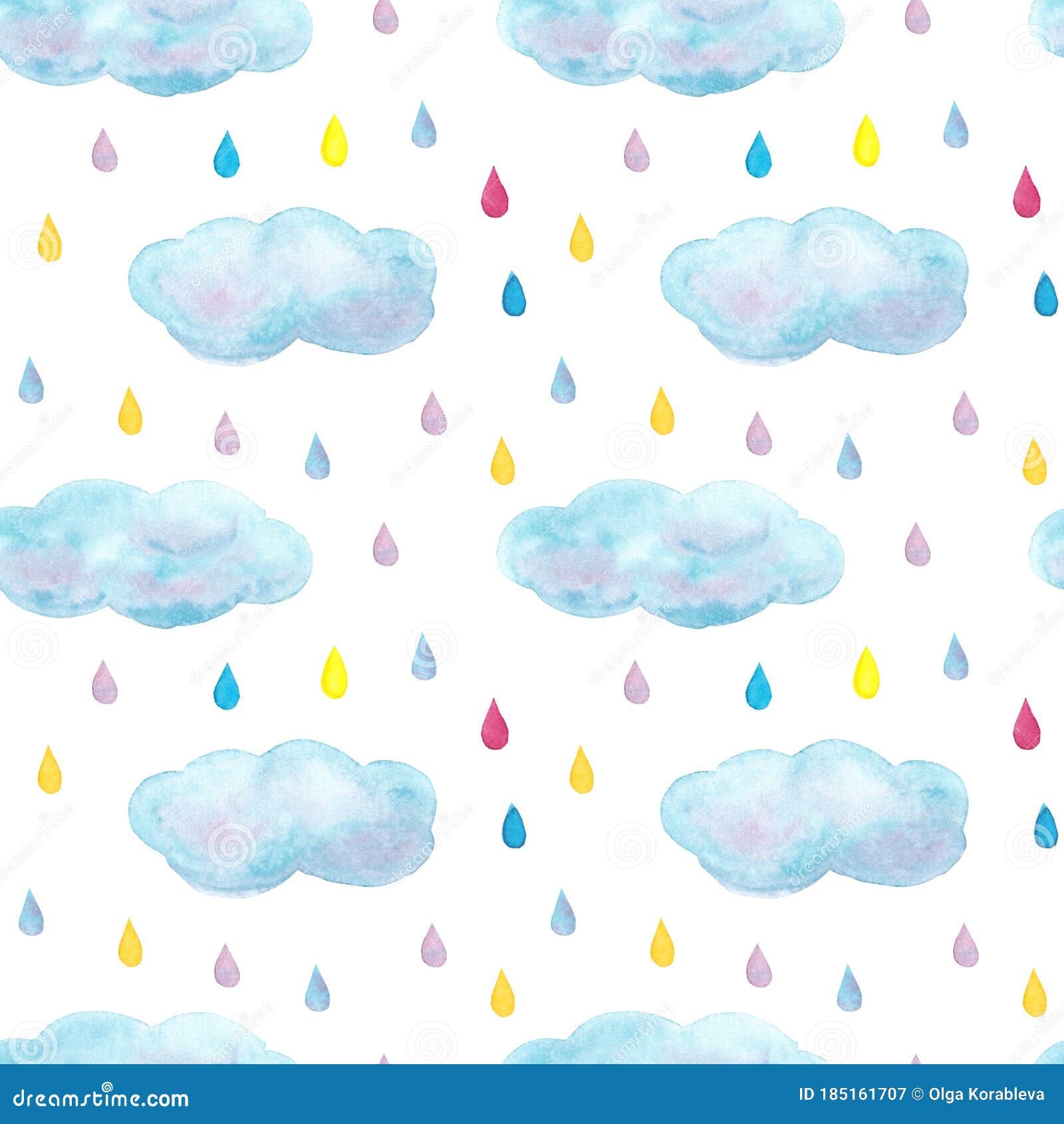 Watercolor Hand Drawn Seamless Pattern with Blue Clouds and Multi ...