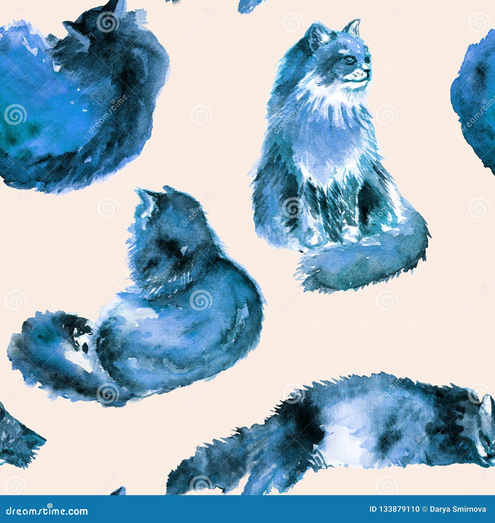 Watercolor Hand Drawn Seamless Pattern of Fluffy Blue Cat in Different ...