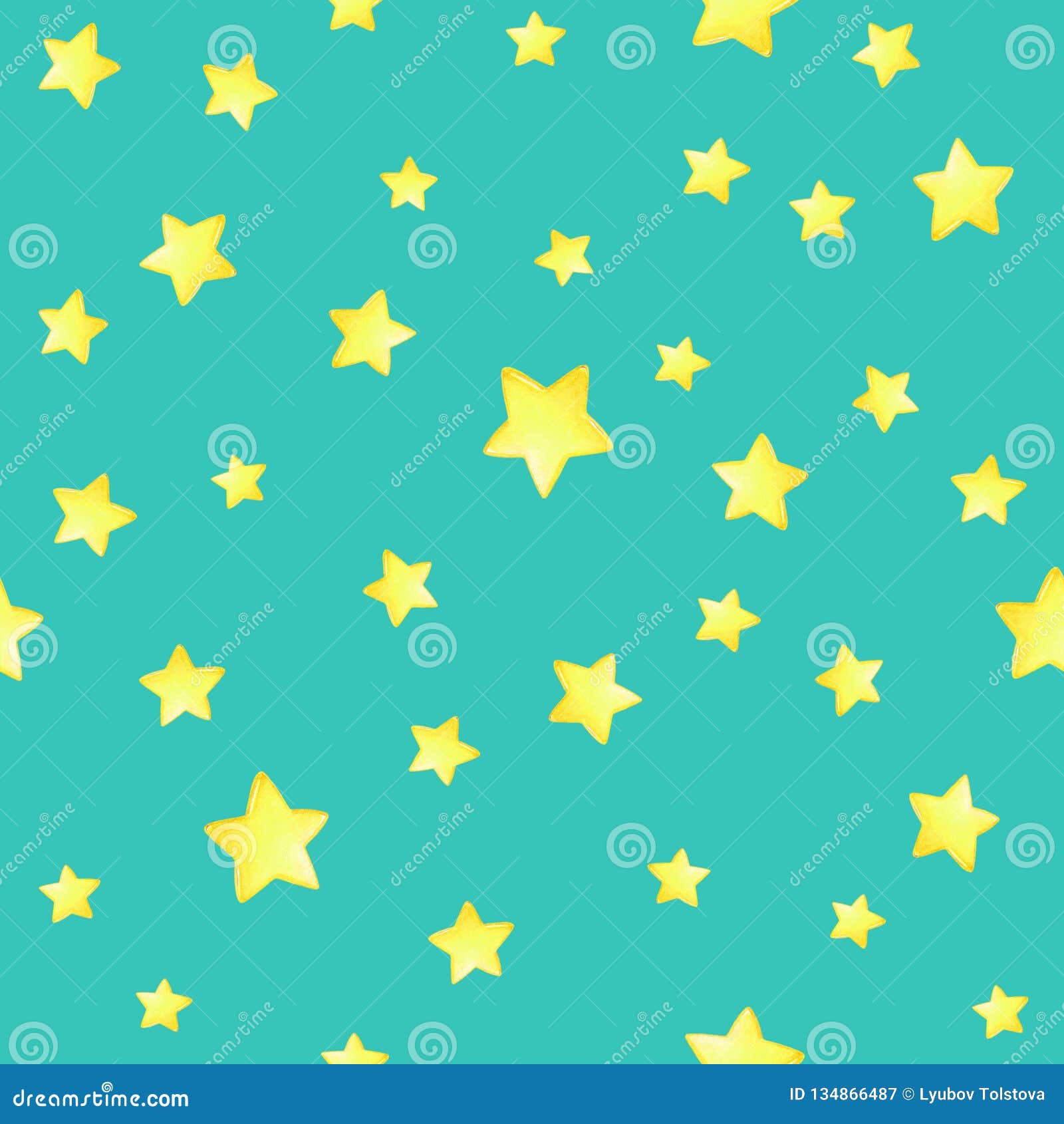 Watercolor Seamless Pattern with Yellow Stars on Light Blue Background ...