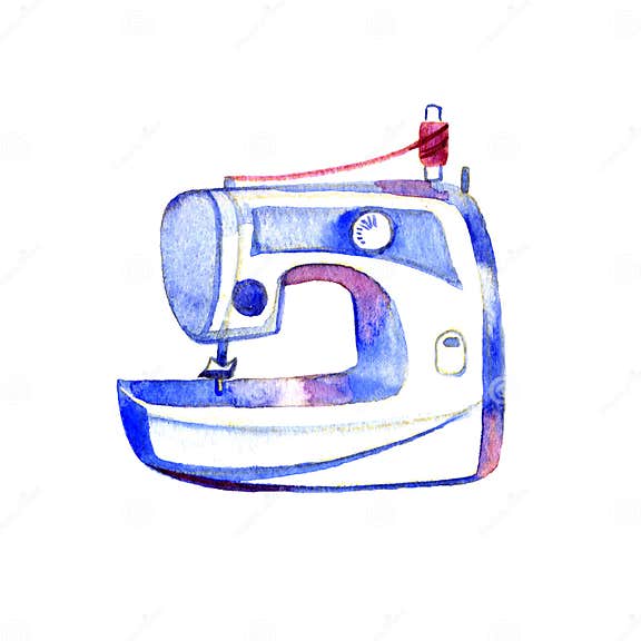 Watercolor Hand Drawn Sketch Illustration Of Sewing Machine Isolated